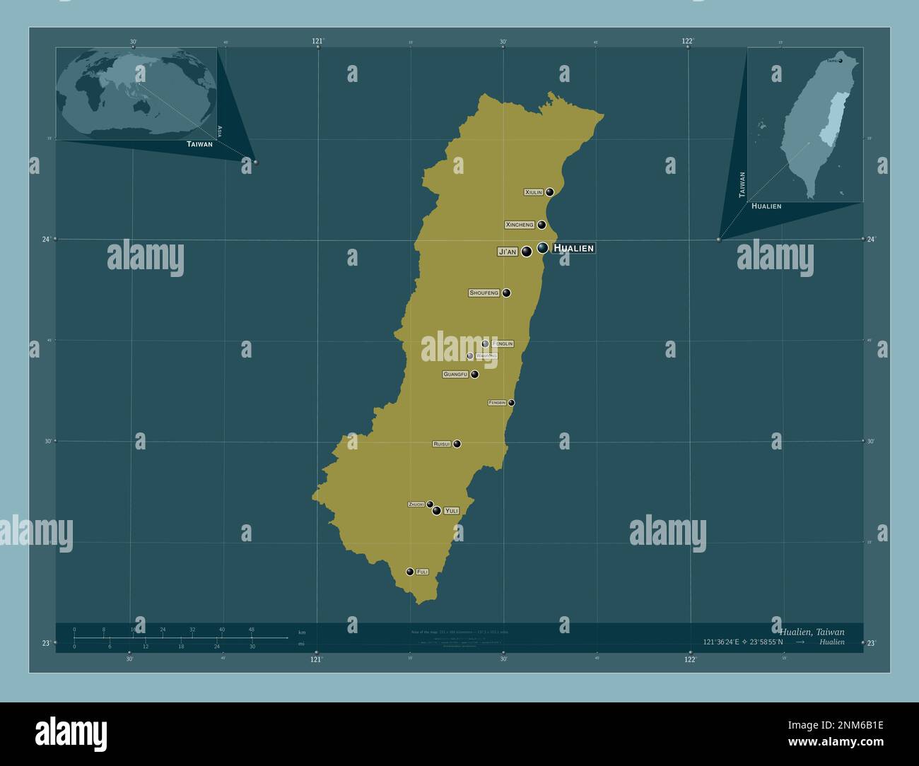 Hualien, county of Taiwan. Solid color shape. Locations and names of ...