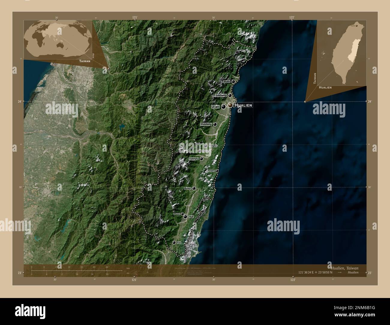 Hualien, county of Taiwan. Low resolution satellite map. Locations and ...