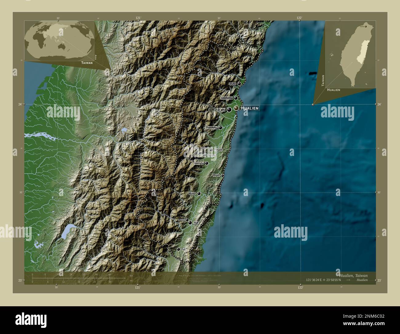Hualien, county of Taiwan. Elevation map colored in wiki style with lakes and rivers. Locations ...