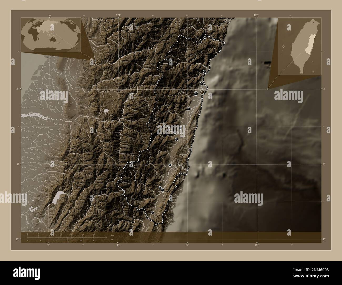 Hualien, county of Taiwan. Elevation map colored in sepia tones with ...