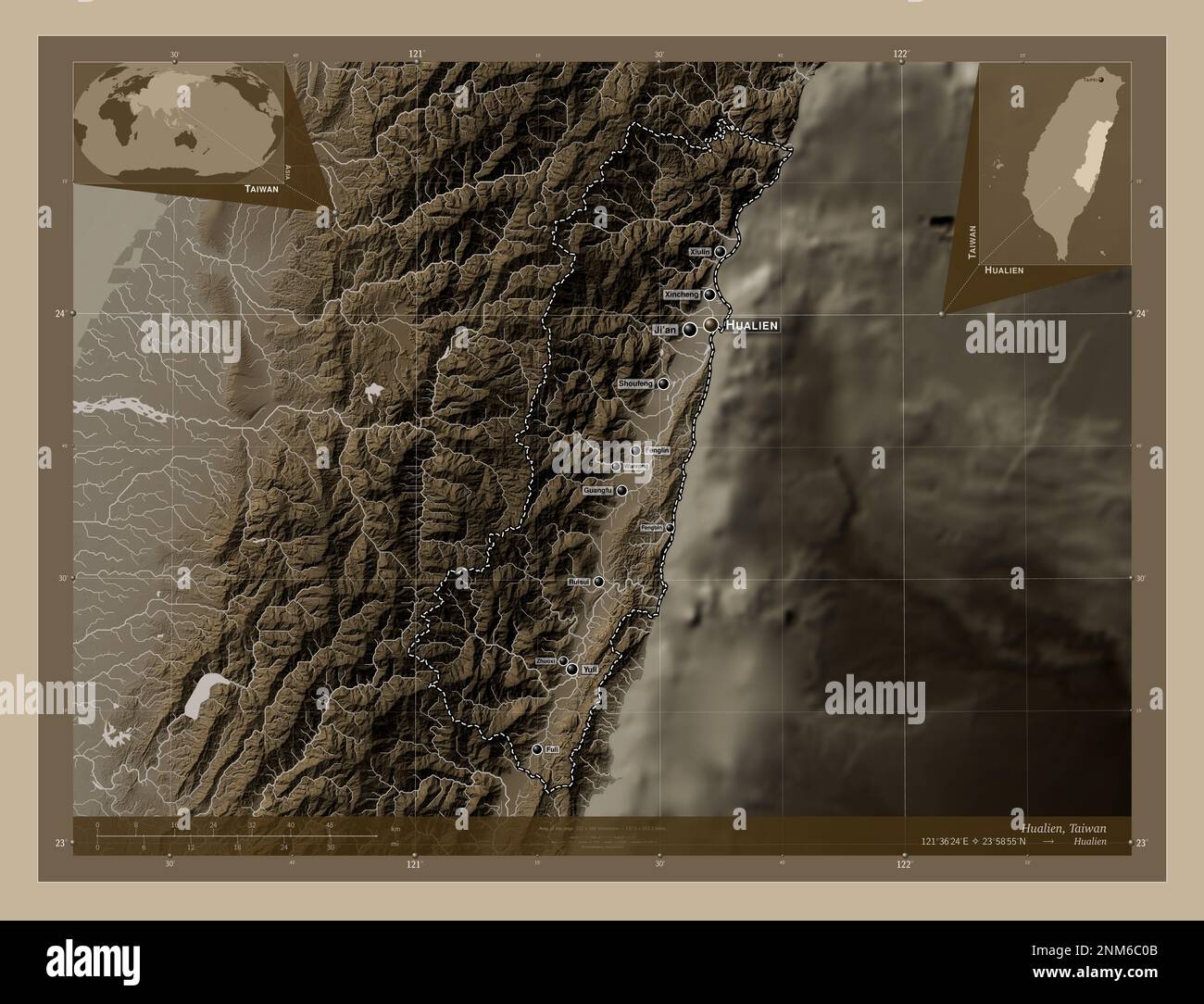 Hualien, county of Taiwan. Elevation map colored in sepia tones with ...