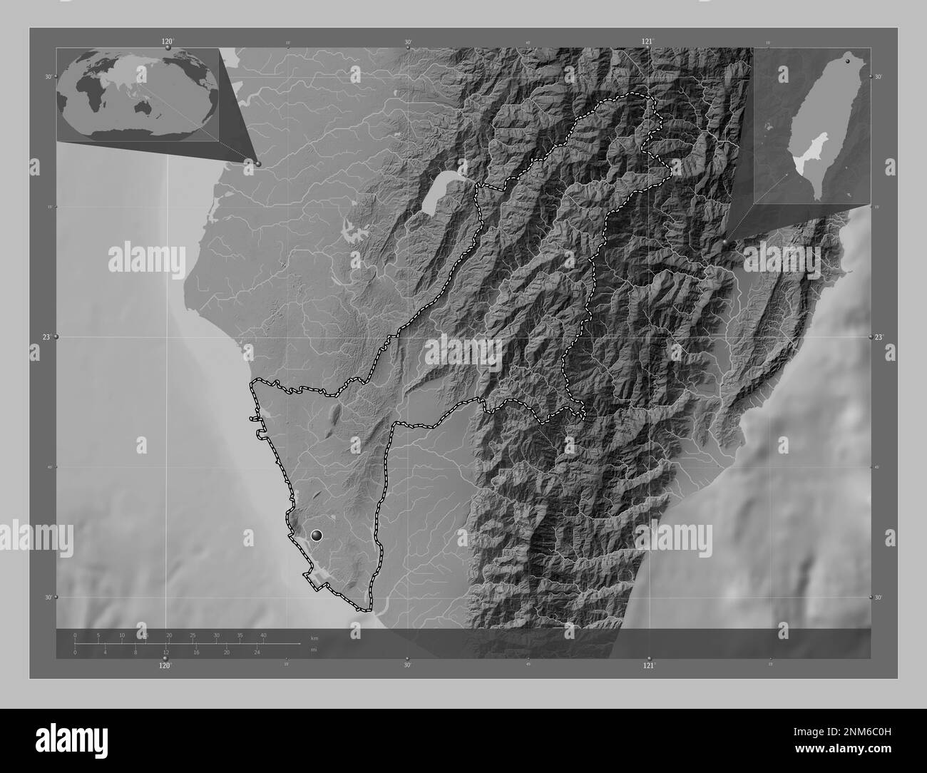 Kaohsiung, special municipality of Taiwan. Grayscale elevation map with ...