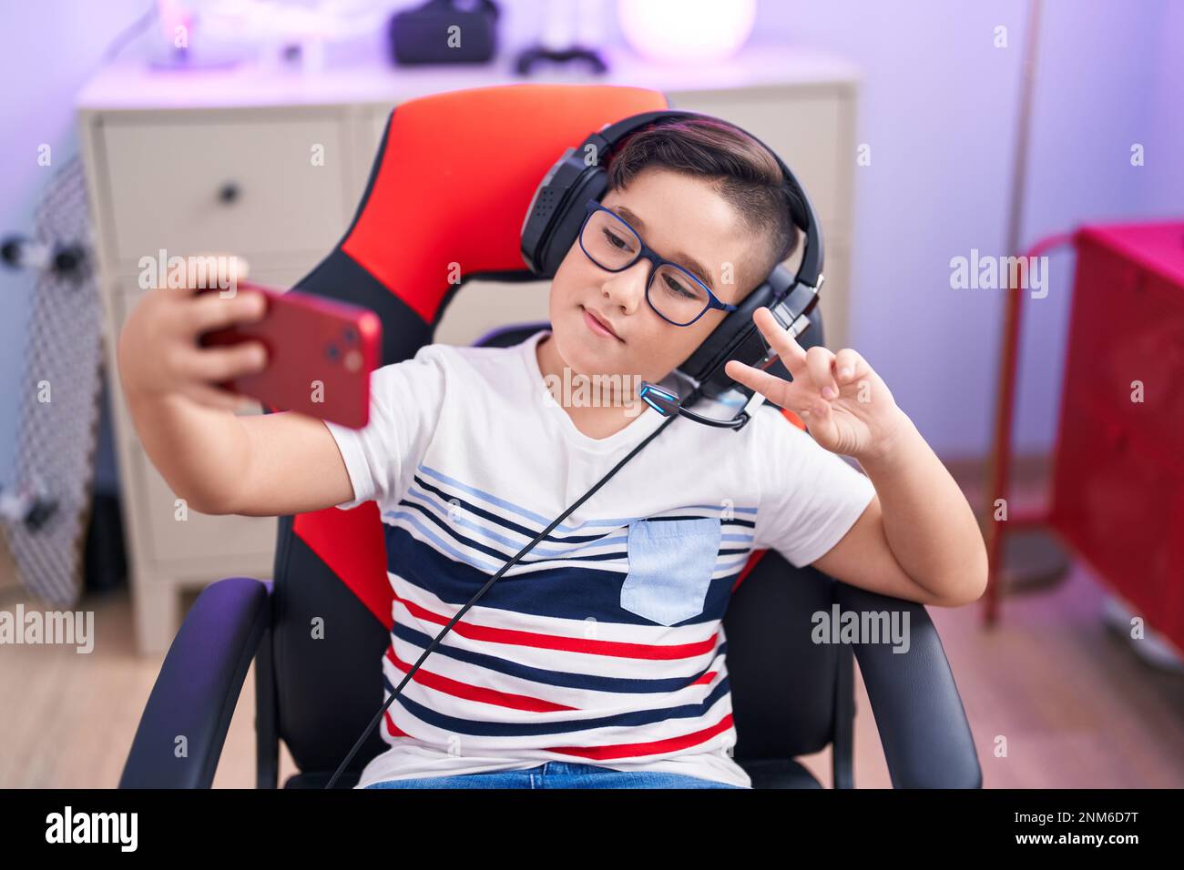 Adorable hispanic boy streamer smiling confident make selfie by ...
