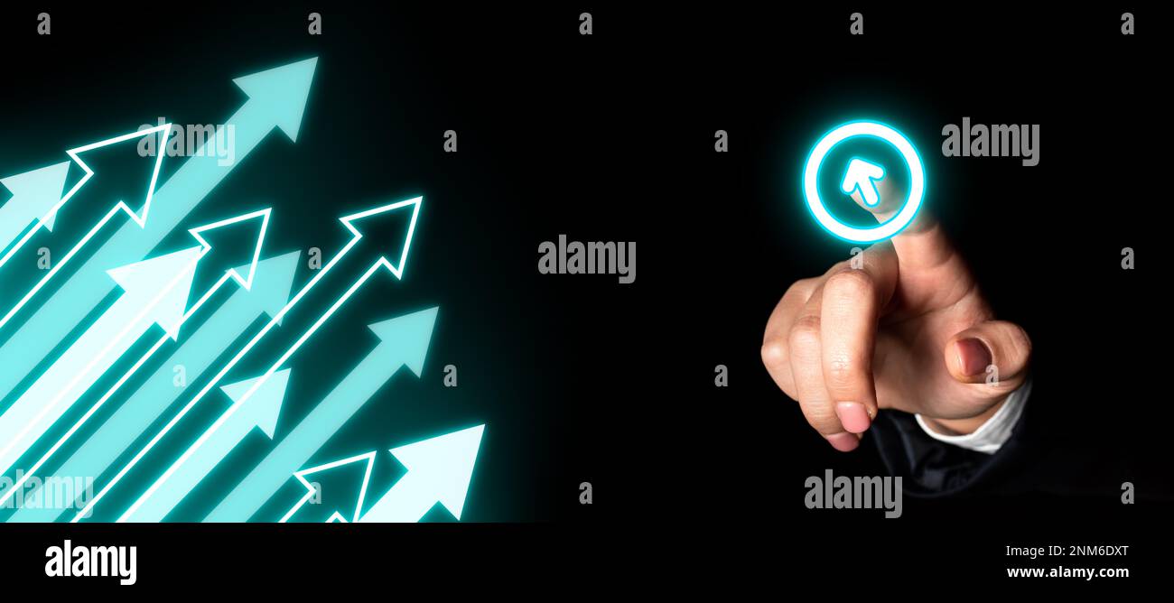 Lady In Suit Standing Pointing On virtual button. Showing Futuristic ...