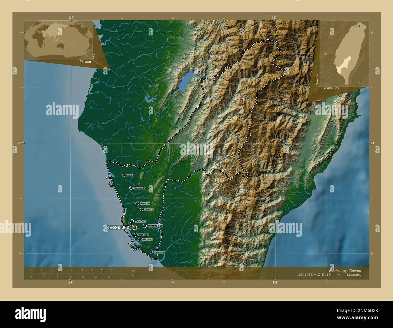 Kaohsiung, special municipality of Taiwan. Colored elevation map with ...