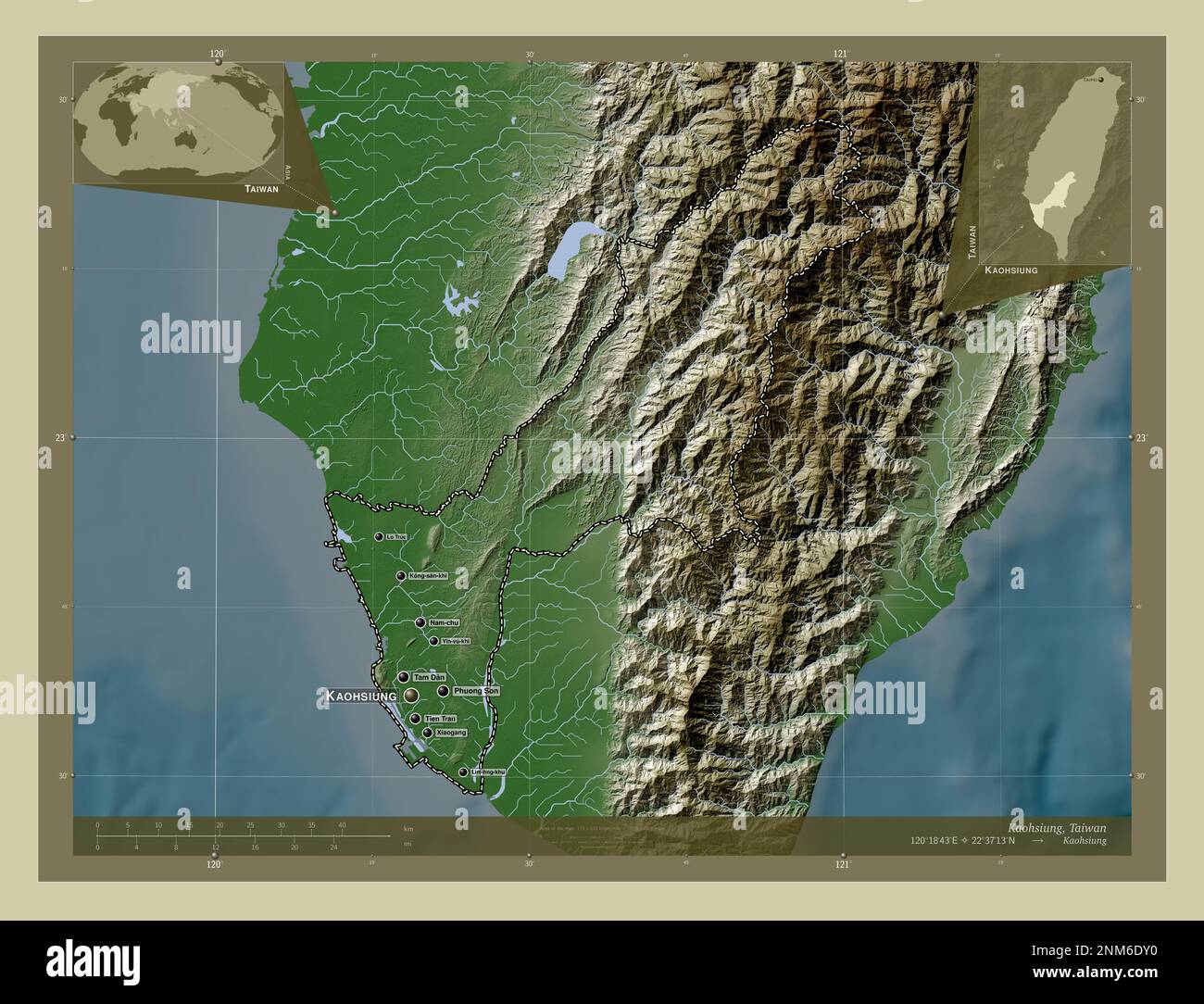 Kaohsiung, special municipality of Taiwan. Elevation map colored in ...
