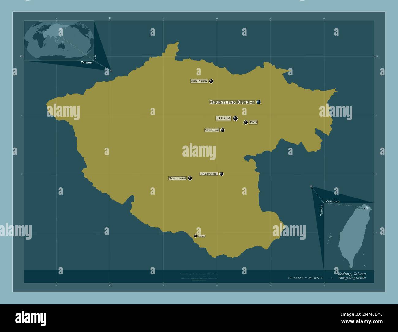Keelung, provincial city of Taiwan. Solid color shape. Locations and ...