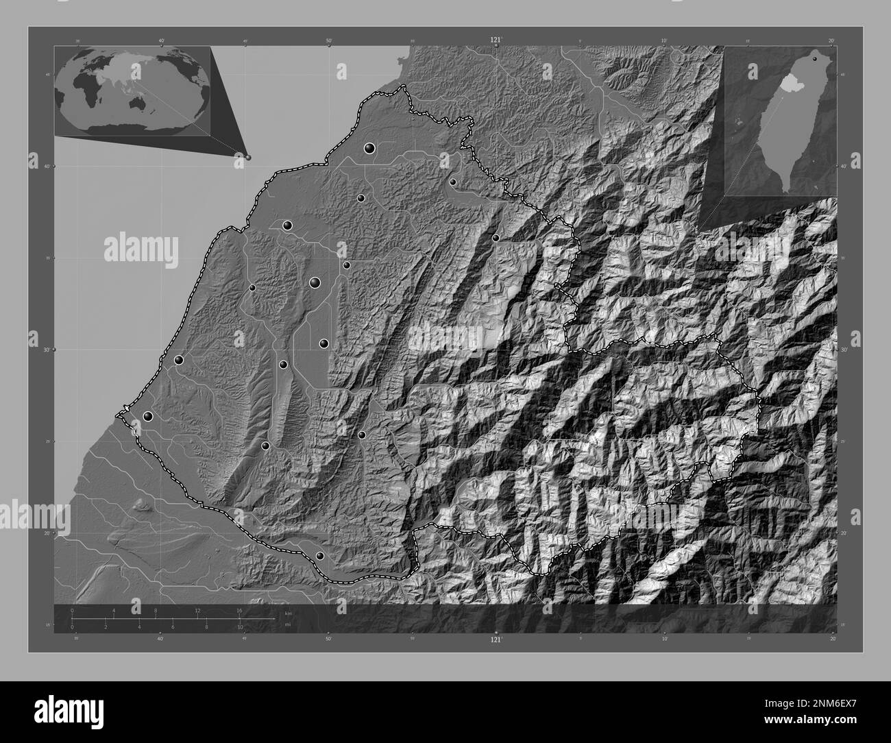 Miaoli, county of Taiwan. Bilevel elevation map with lakes and rivers ...