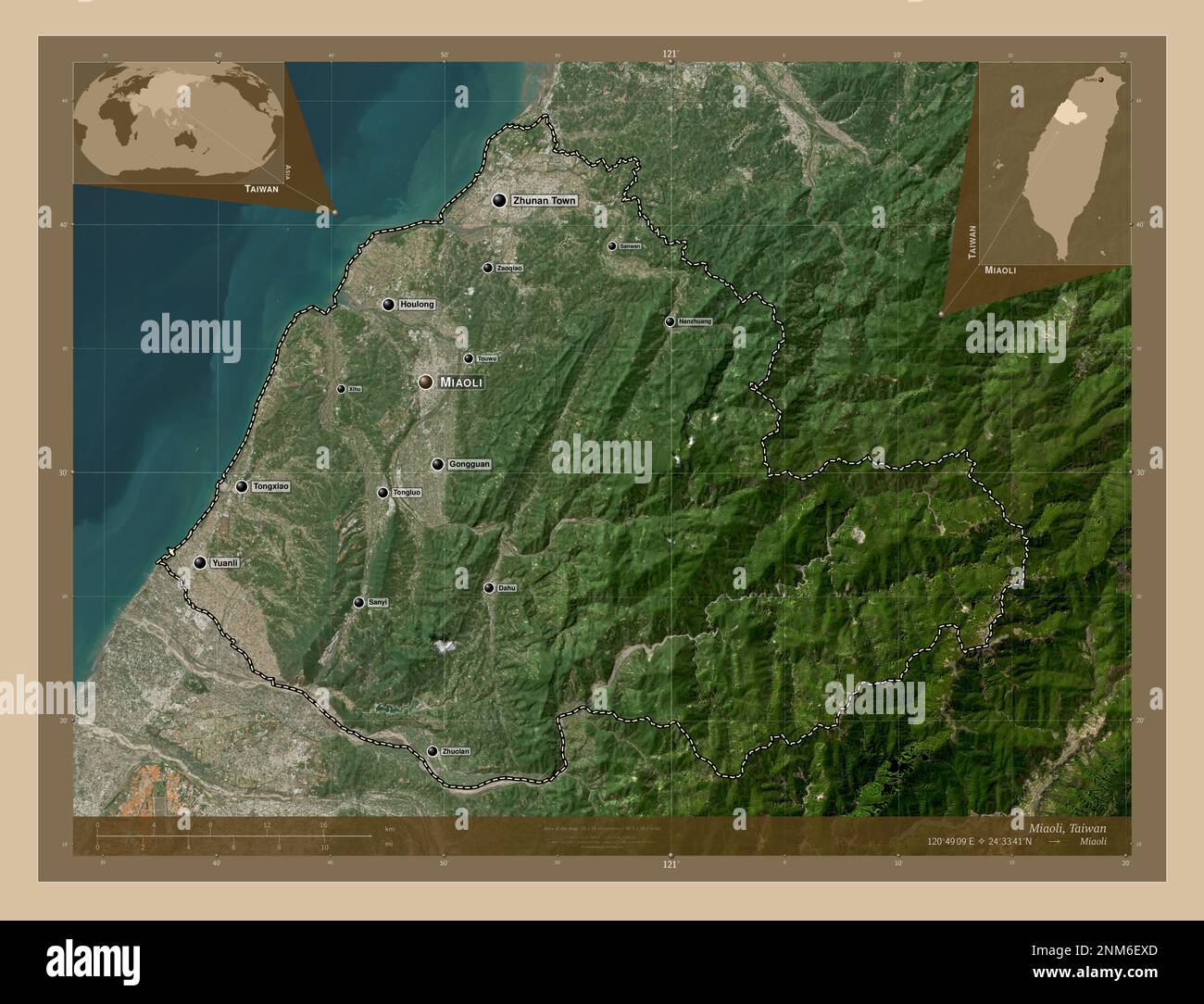 Miaoli, county of Taiwan. Low resolution satellite map. Locations and ...
