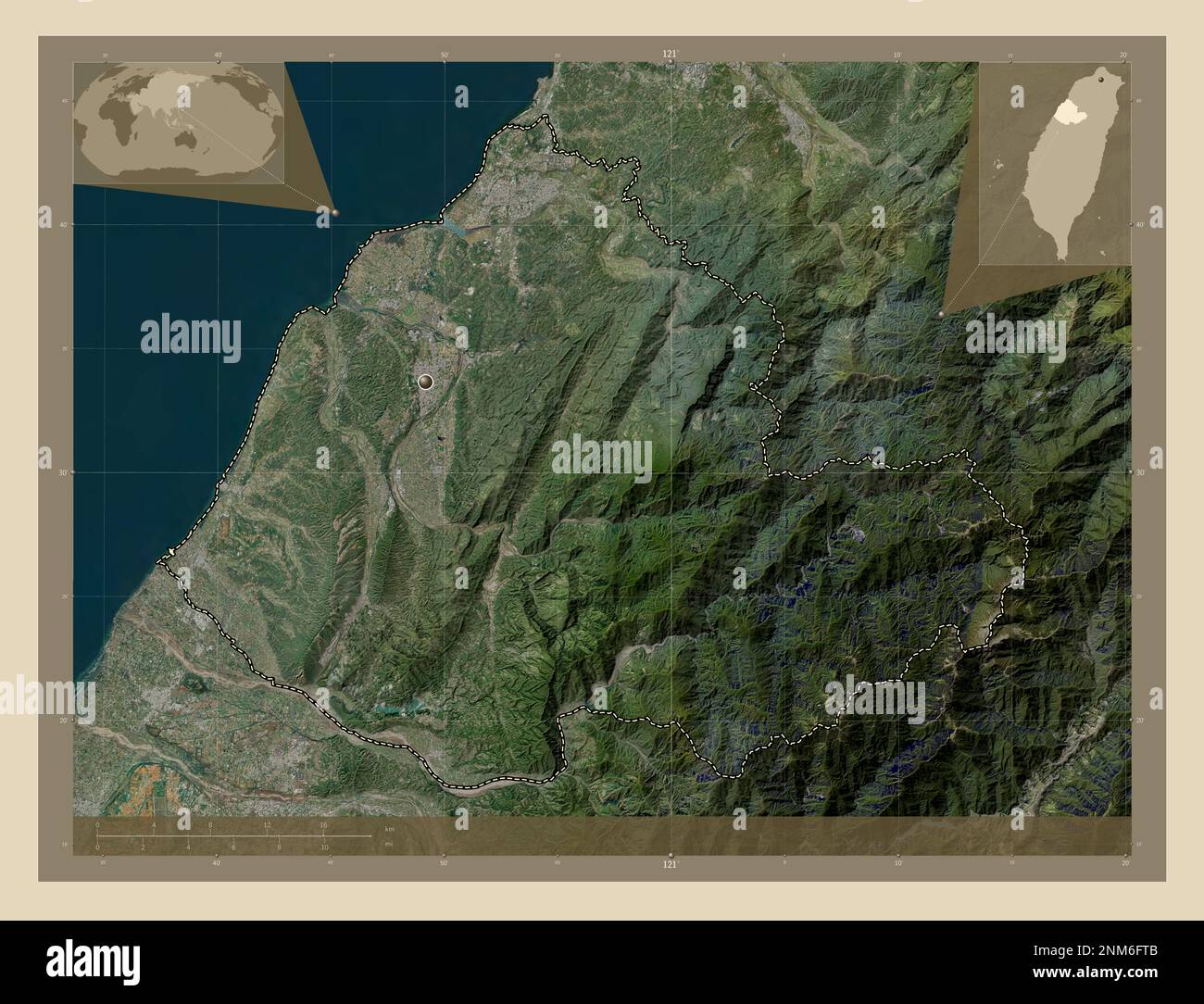 Miaoli, county of Taiwan. High resolution satellite map. Corner ...