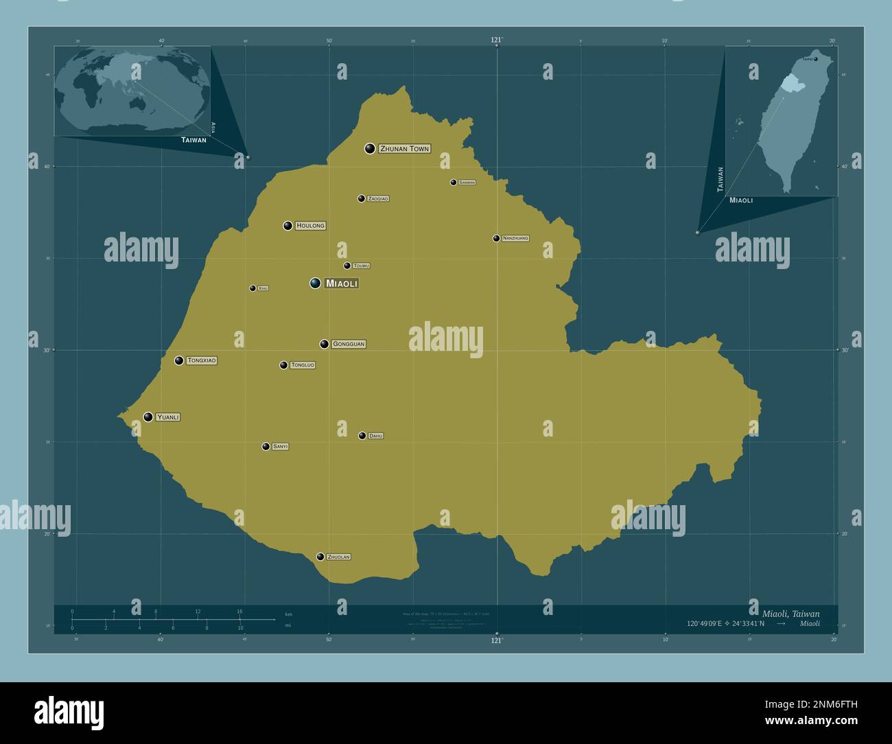 Miaoli, county of Taiwan. Solid color shape. Locations and names of ...