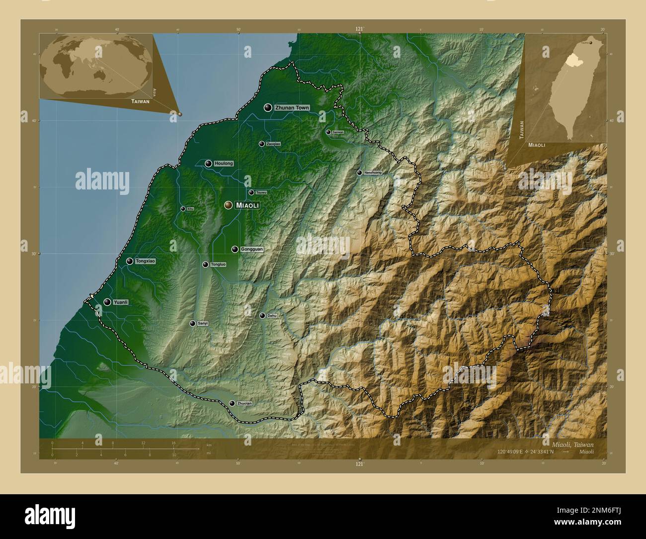 Miaoli, county of Taiwan. Colored elevation map with lakes and rivers ...