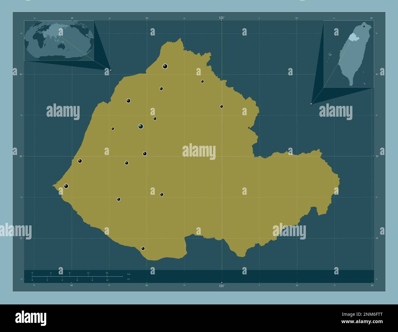 Miaoli, county of Taiwan. Solid color shape. Locations of major cities ...