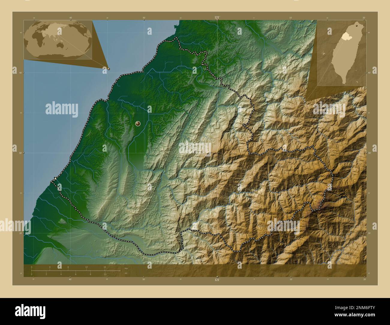 Miaoli, county of Taiwan. Colored elevation map with lakes and rivers ...