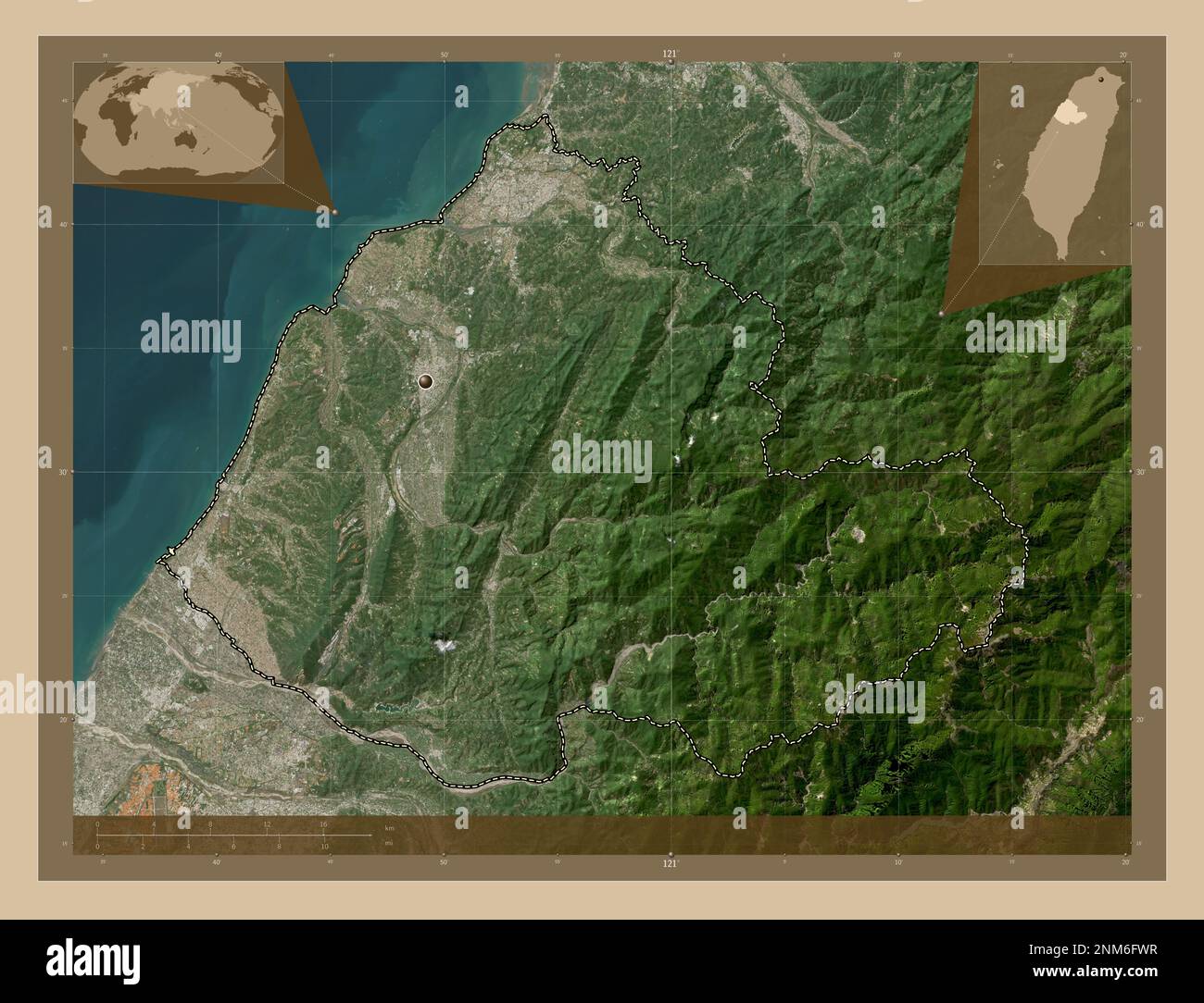 Miaoli, county of Taiwan. Low resolution satellite map. Corner ...