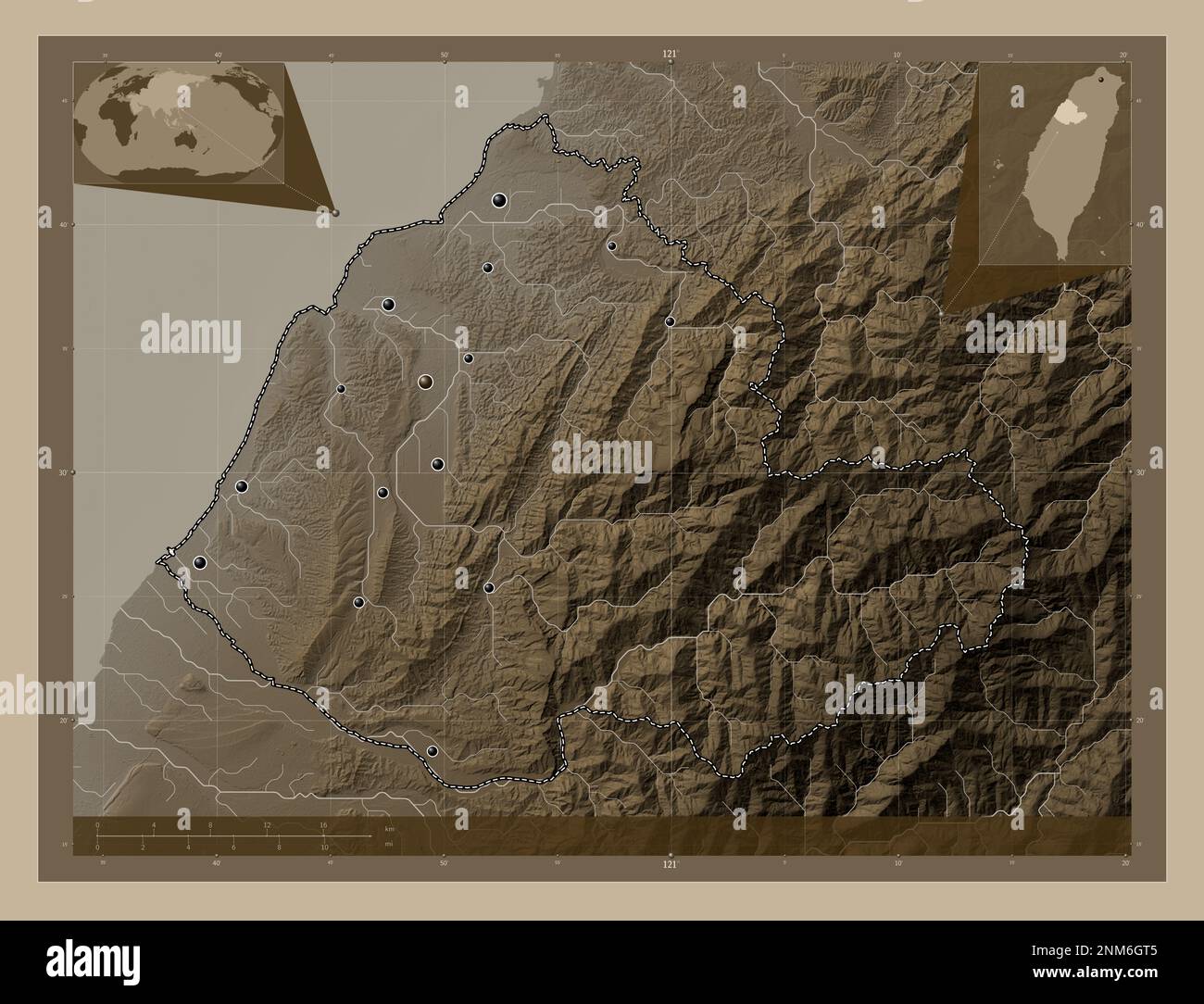 Miaoli, county of Taiwan. Elevation map colored in sepia tones with ...