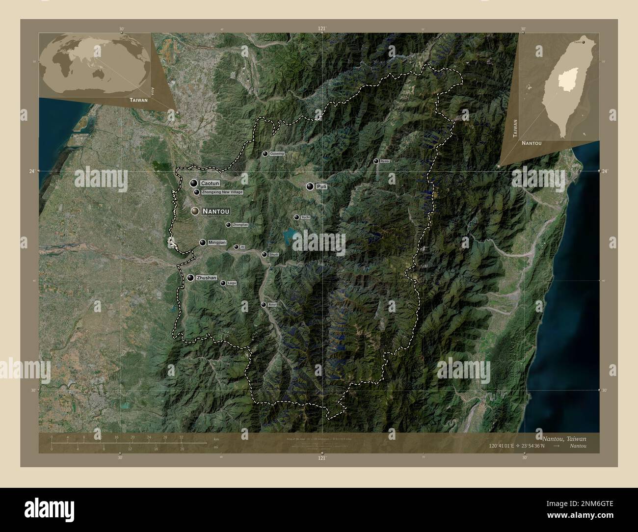 Nantou, county of Taiwan. High resolution satellite map. Locations and ...