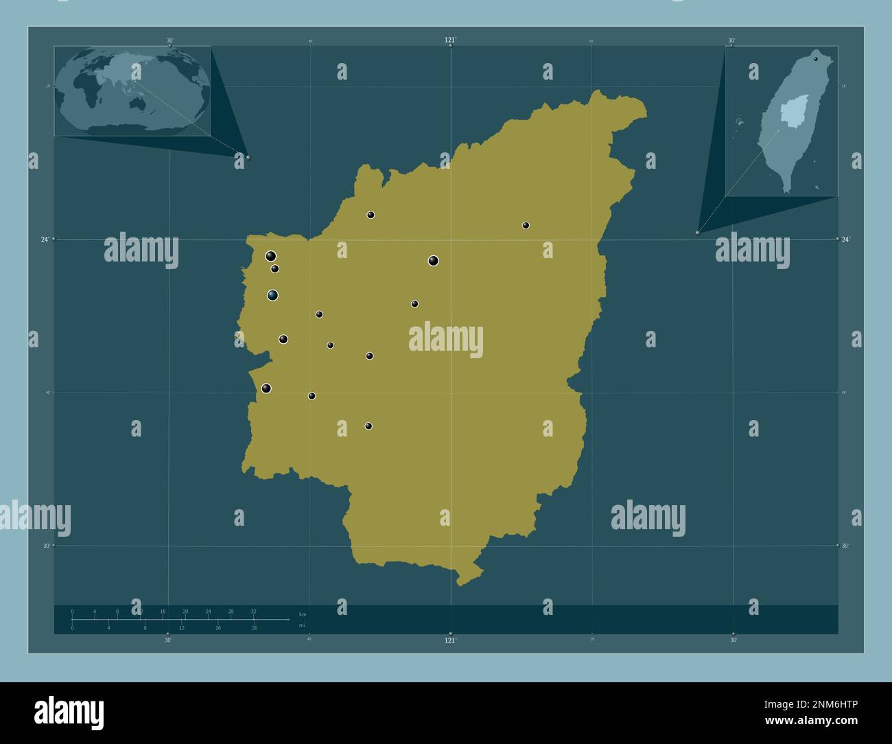 Nantou, county of Taiwan. Solid color shape. Locations of major cities ...