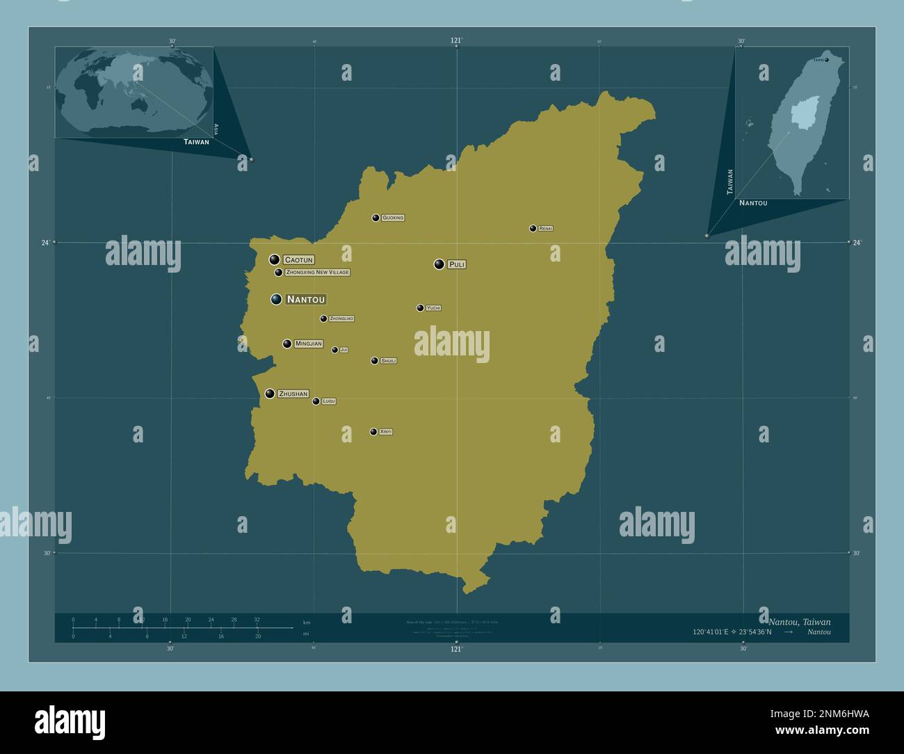 Nantou, county of Taiwan. Solid color shape. Locations and names of ...