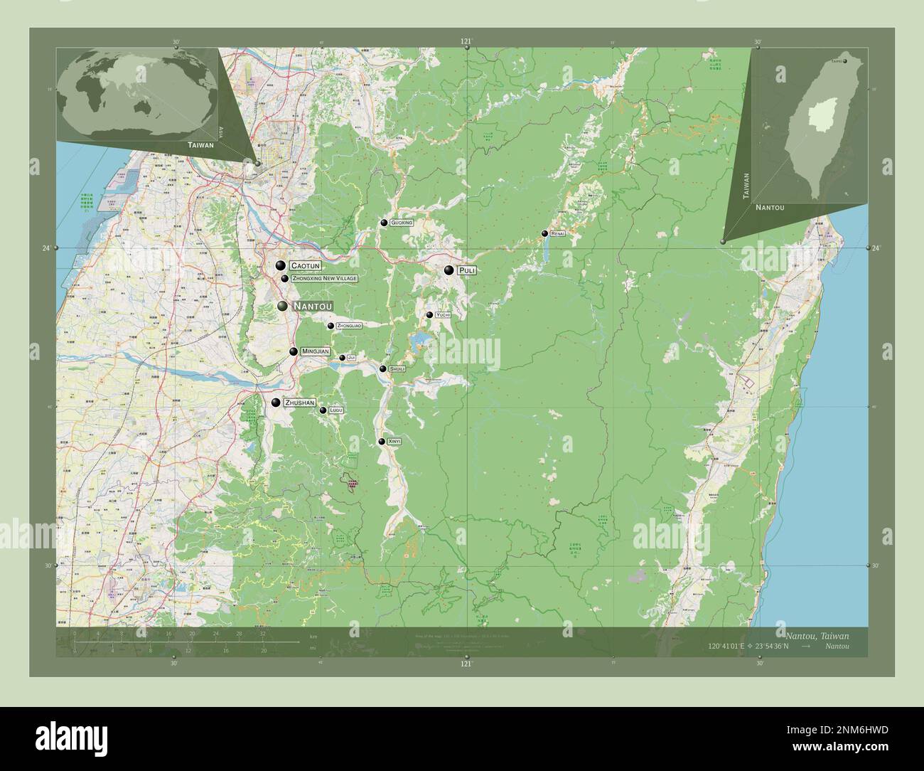 Nantou, county of Taiwan. Open Street Map. Locations and names of major ...