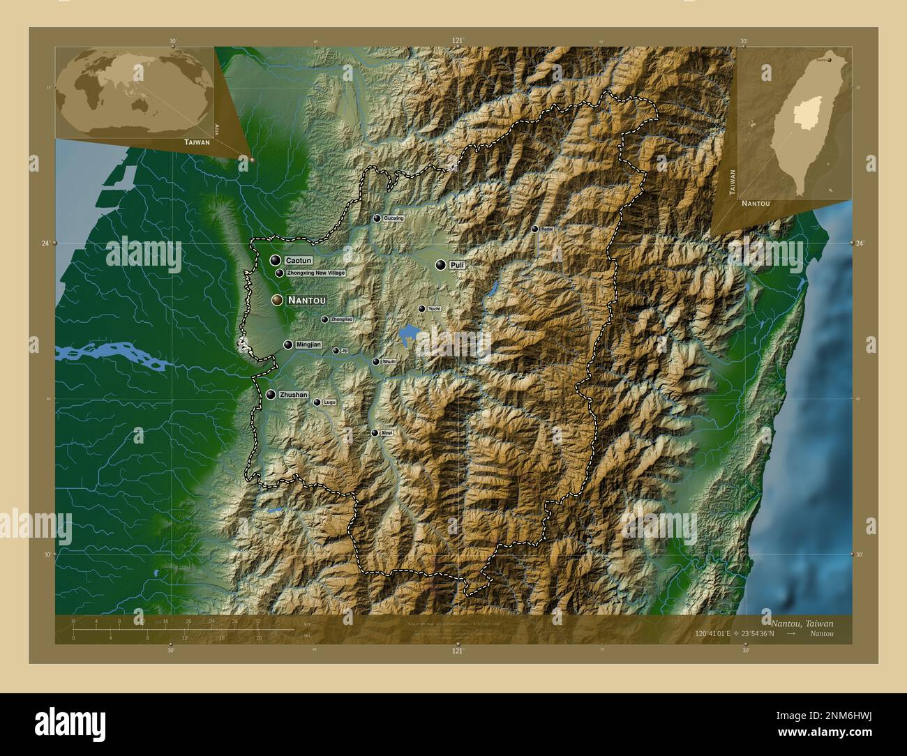Nantou, county of Taiwan. Colored elevation map with lakes and rivers ...