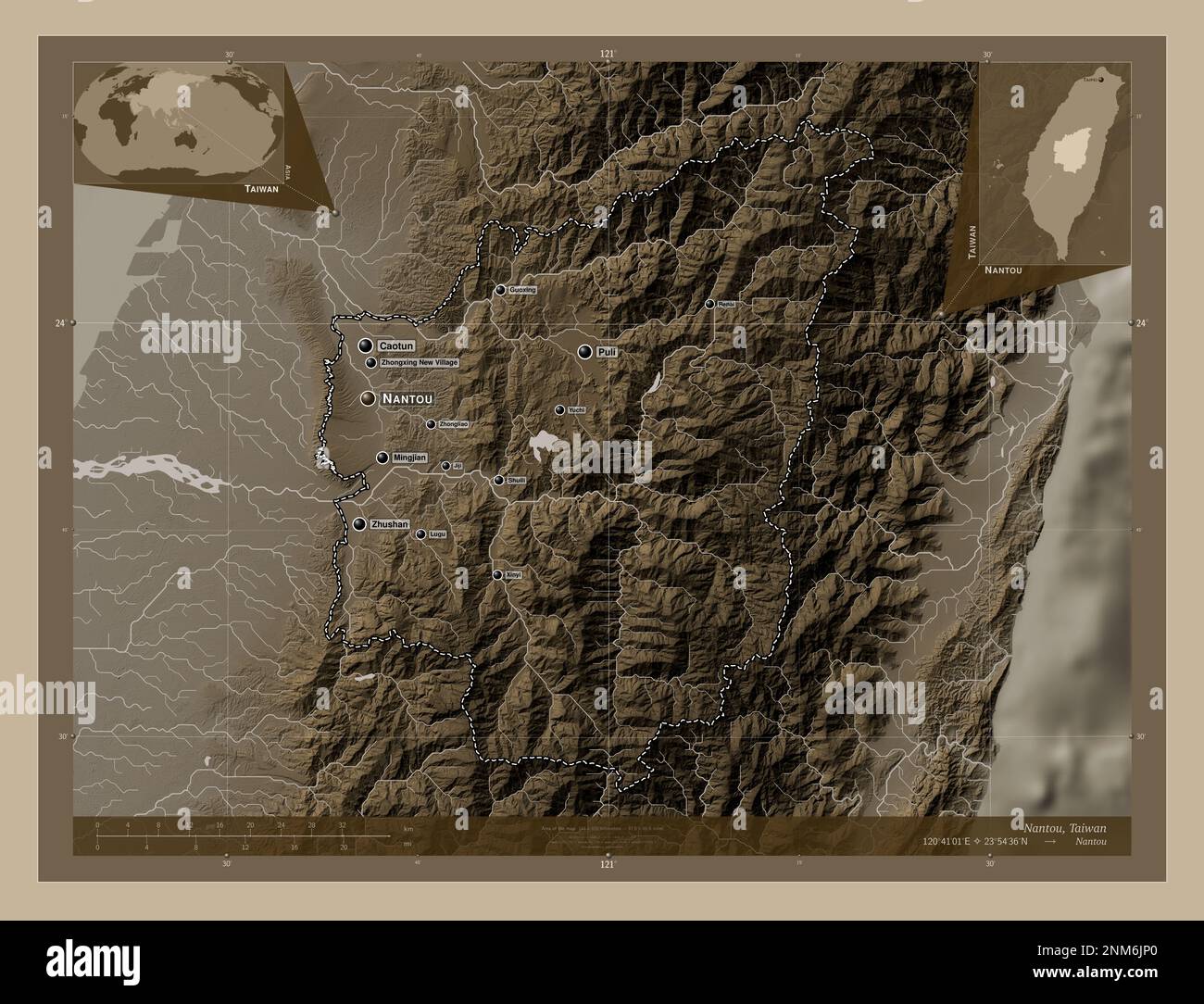 Nantou, county of Taiwan. Elevation map colored in sepia tones with ...