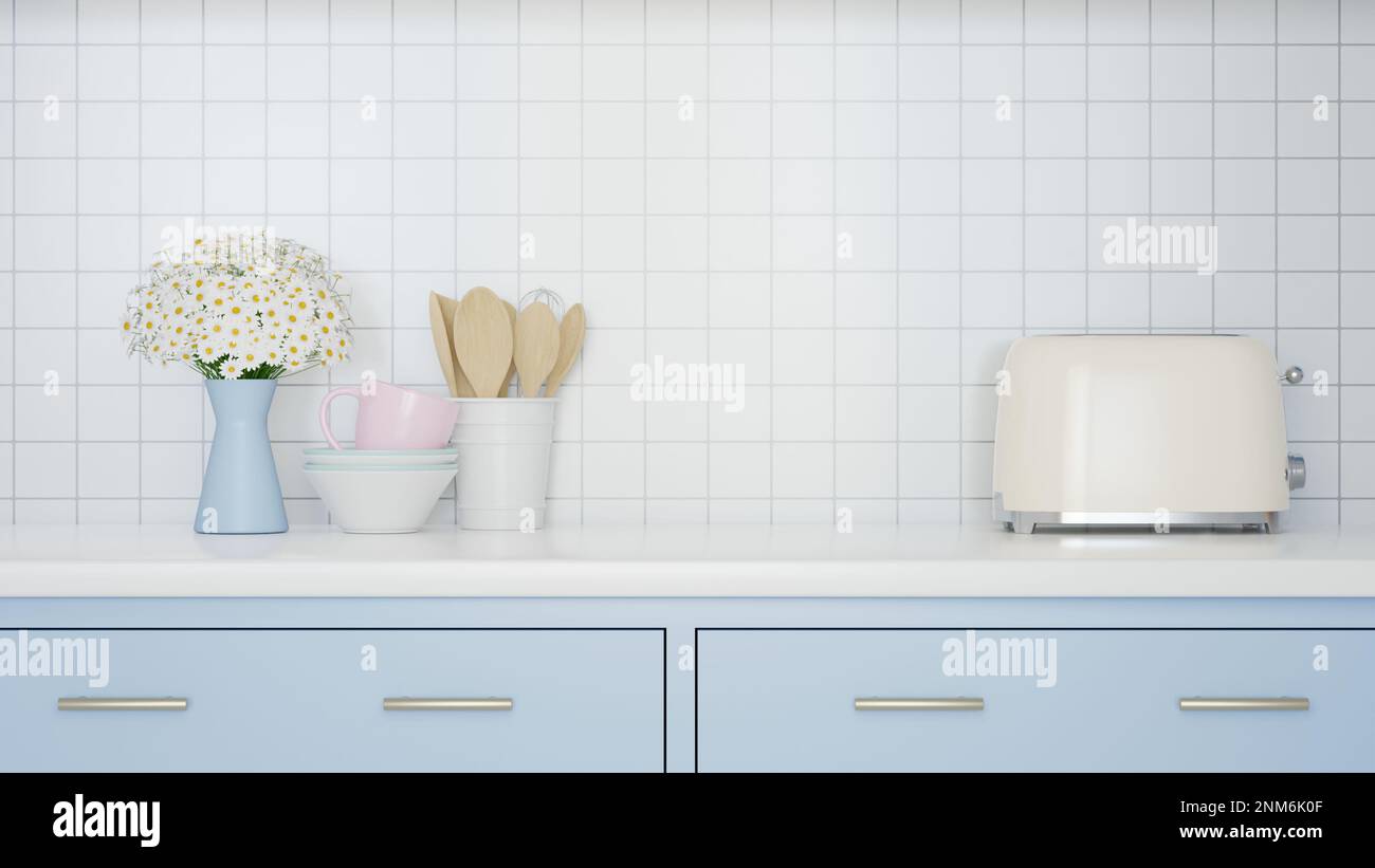 3D Rendering Vintage Toaster, Ceramic Bowl, Wood Spoon And Spatula Set ...