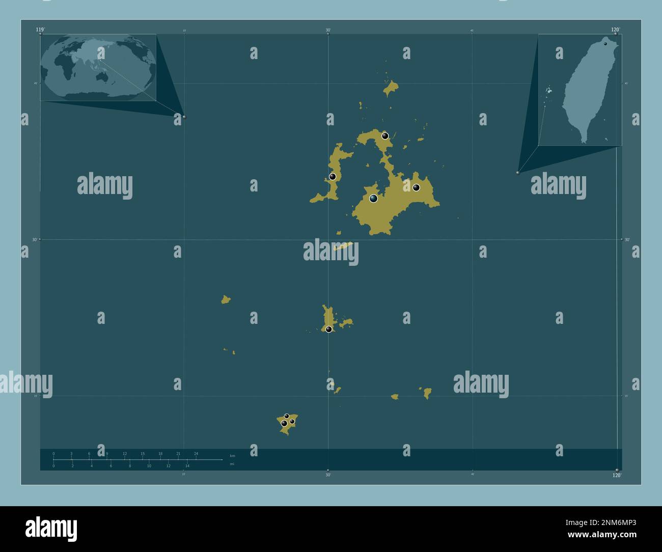 Penghu, county of Taiwan. Solid color shape. Locations of major cities ...