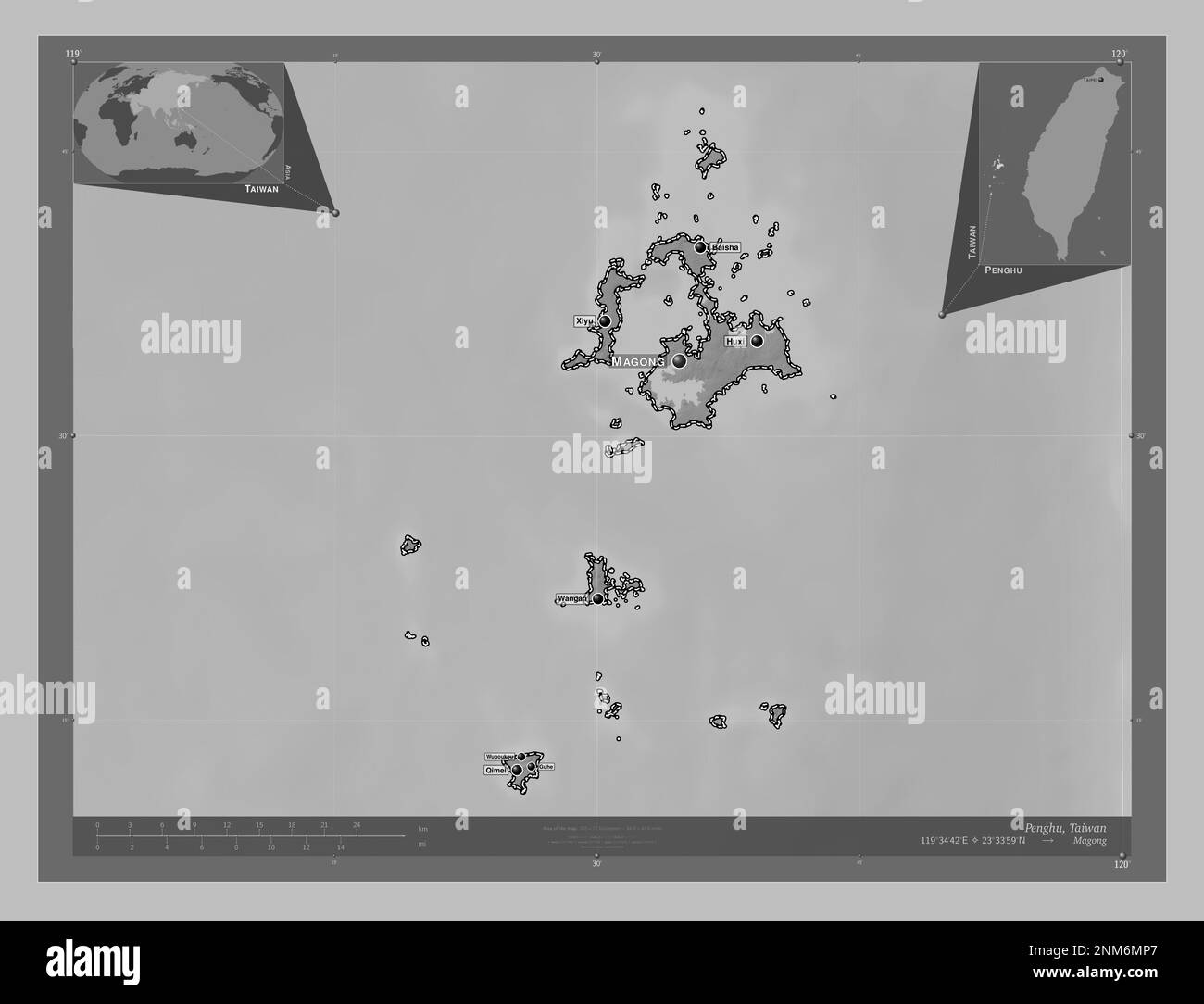 Penghu, county of Taiwan. Grayscale elevation map with lakes and rivers ...