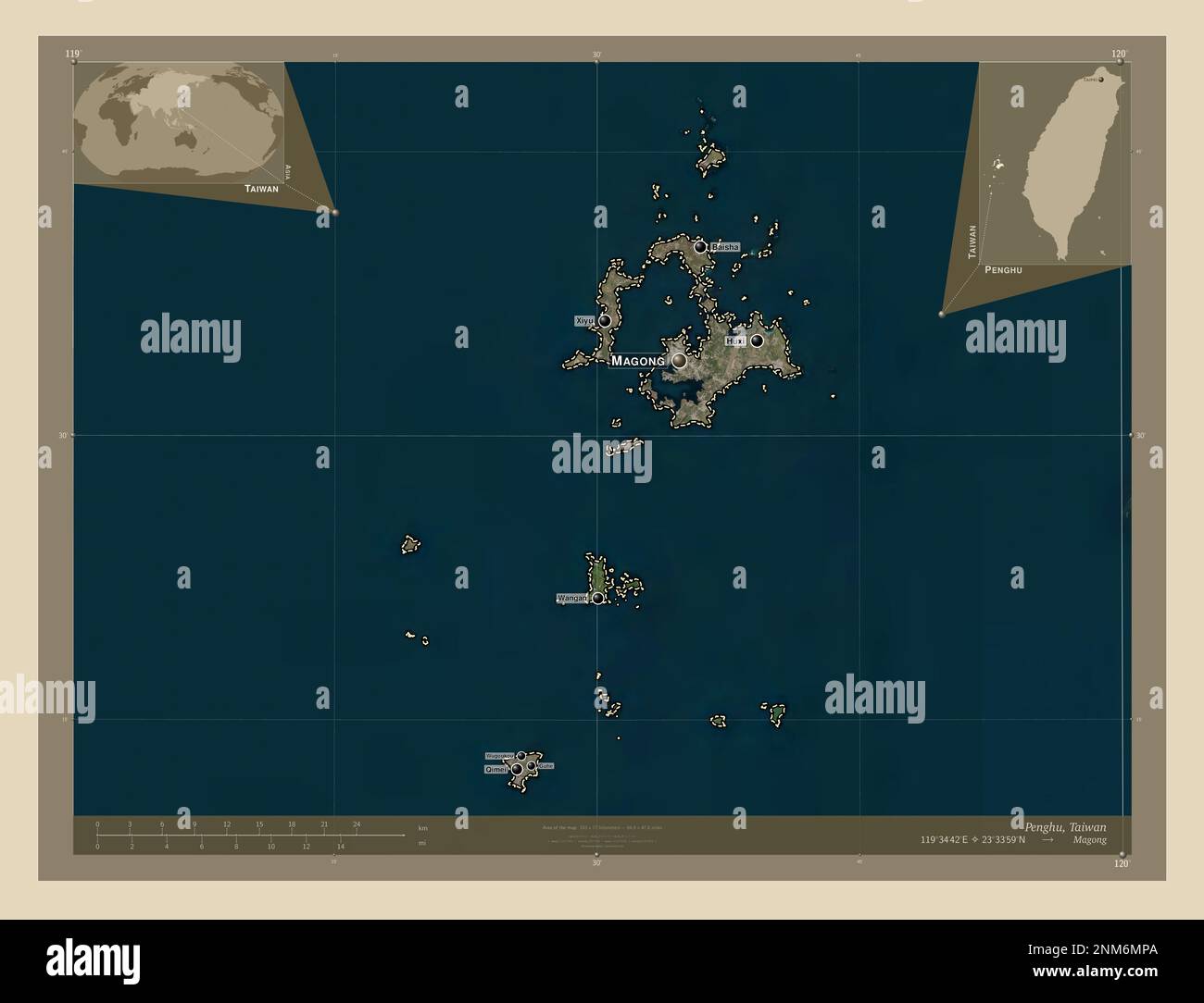 Penghu, county of Taiwan. High resolution satellite map. Locations and ...