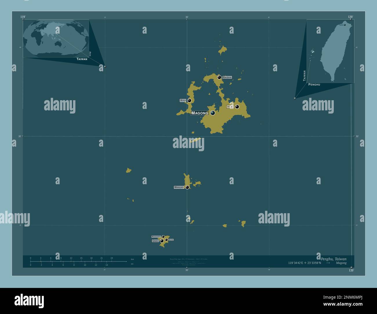 Penghu, county of Taiwan. Solid color shape. Locations and names of ...