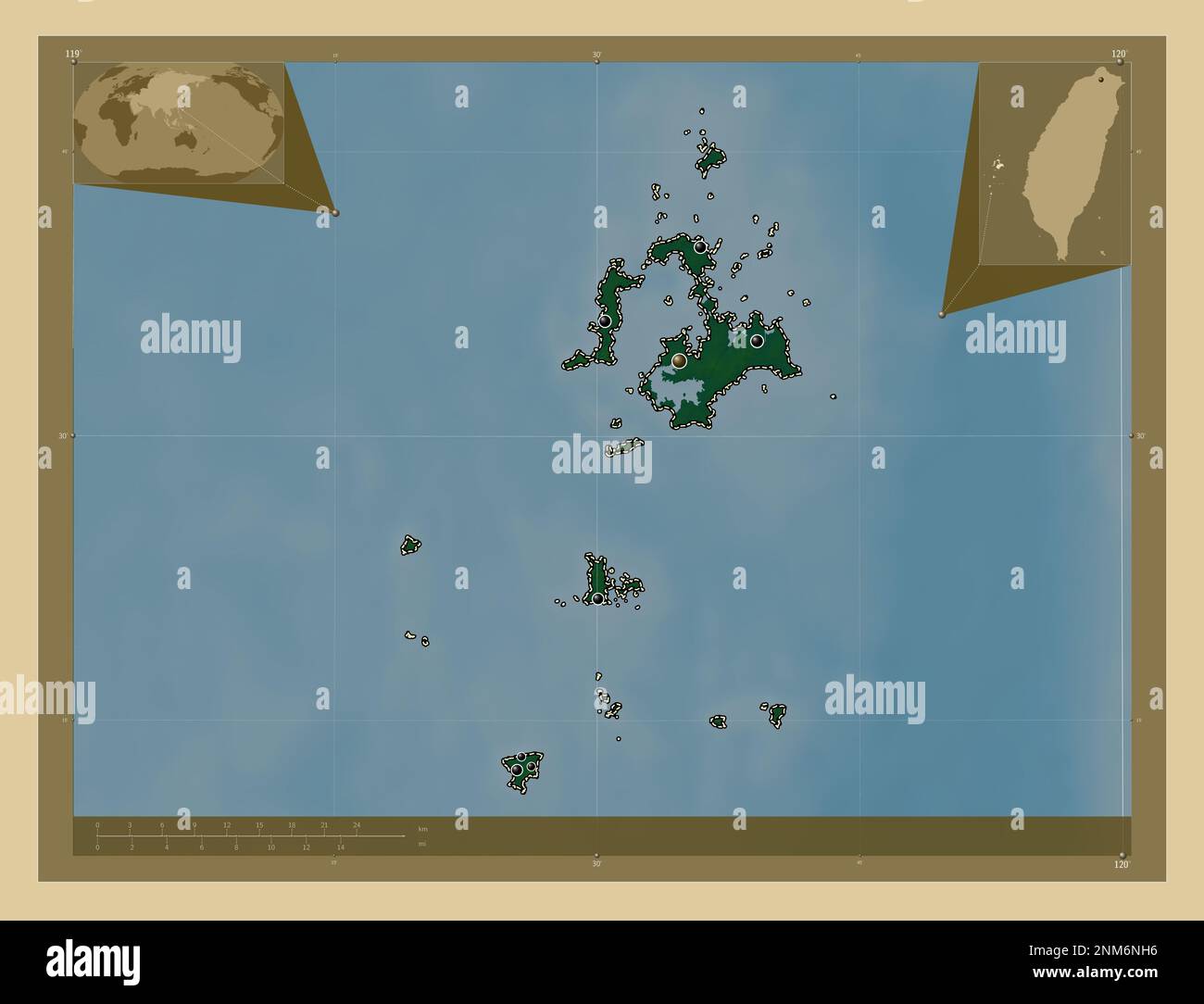 Penghu, county of Taiwan. Colored elevation map with lakes and rivers ...