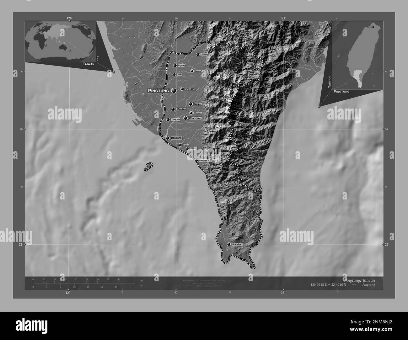 Pingtung, county of Taiwan. Bilevel elevation map with lakes and rivers ...