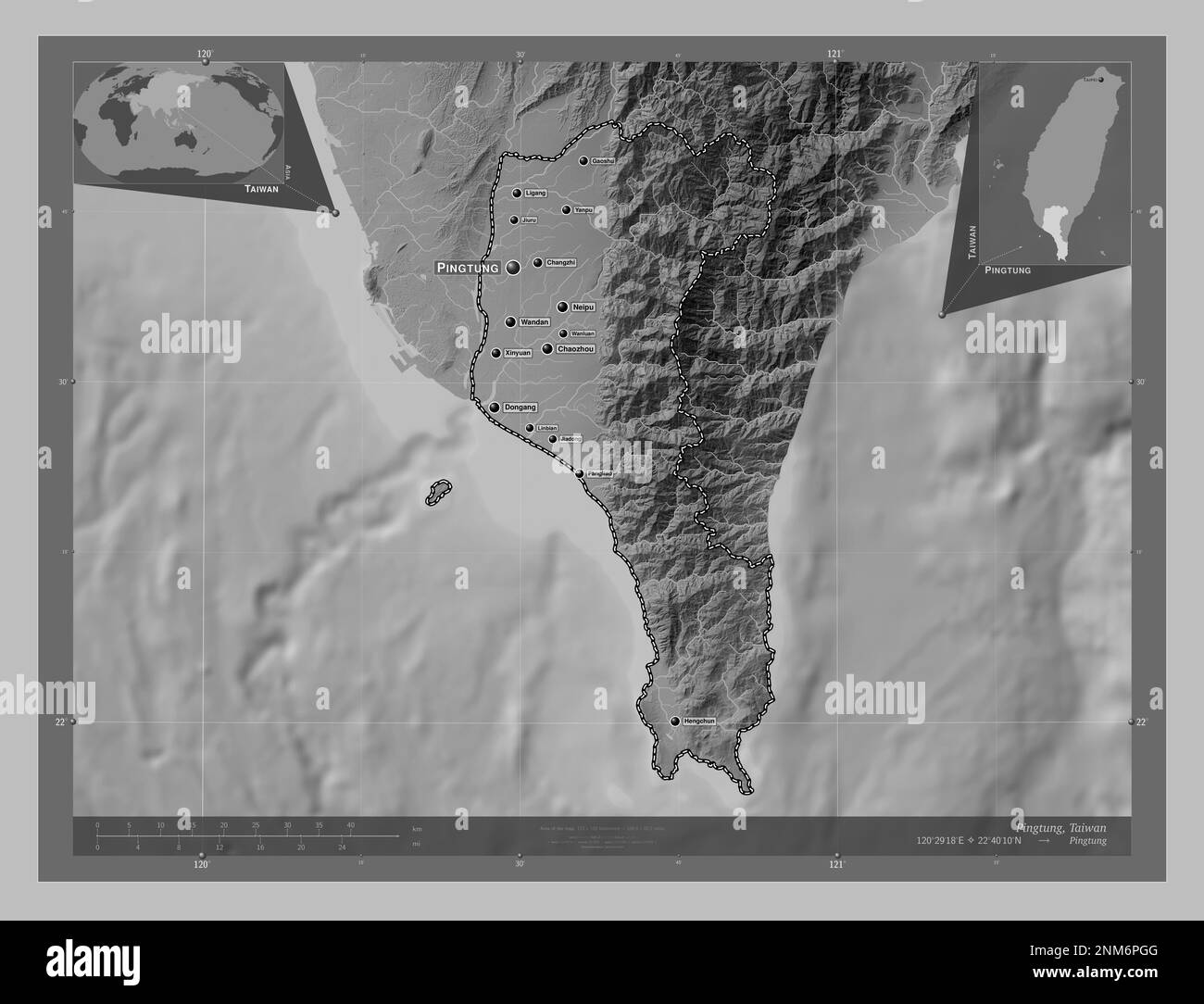 Pingtung, county of Taiwan. Grayscale elevation map with lakes and ...