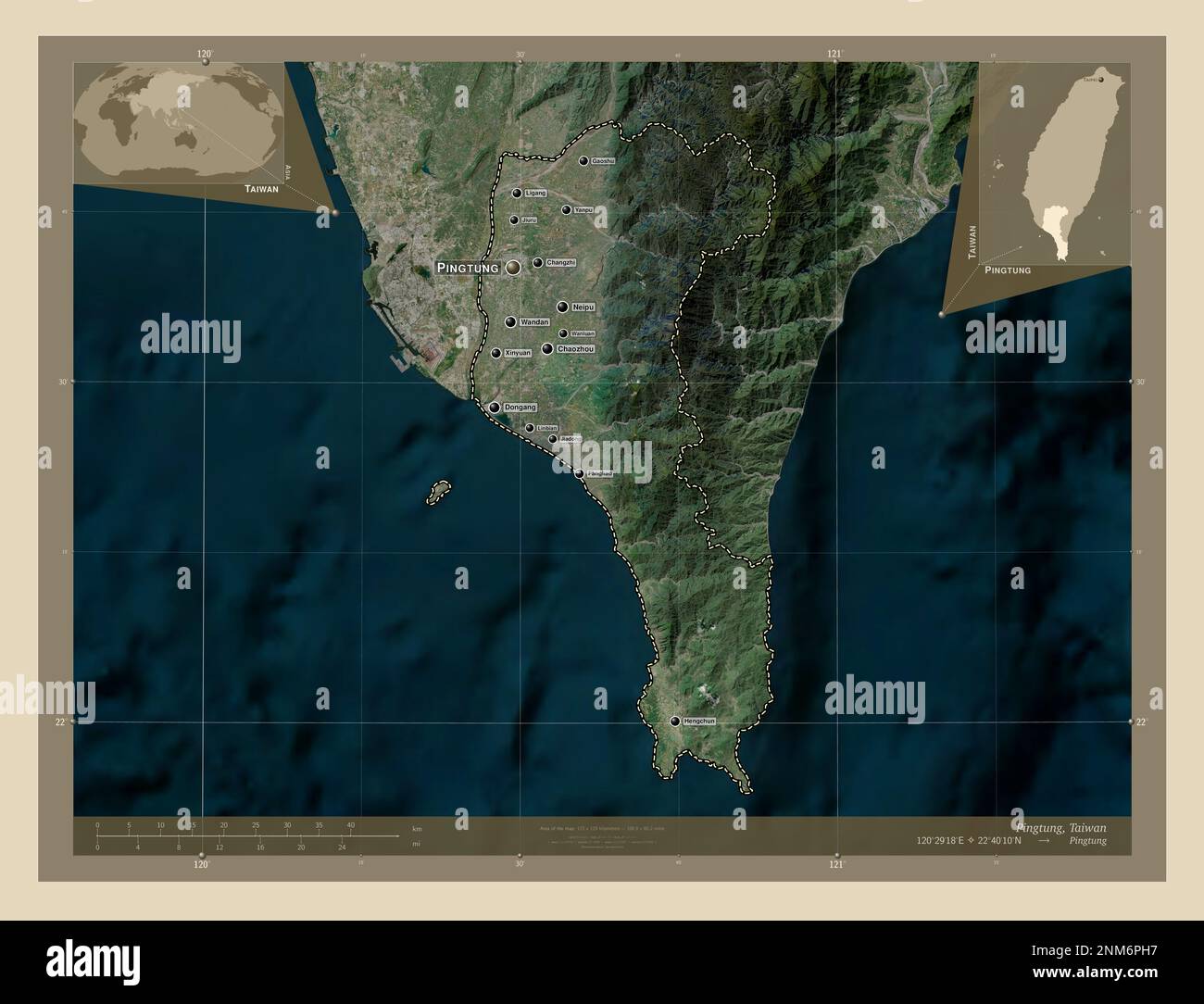 Pingtung, county of Taiwan. High resolution satellite map. Locations ...