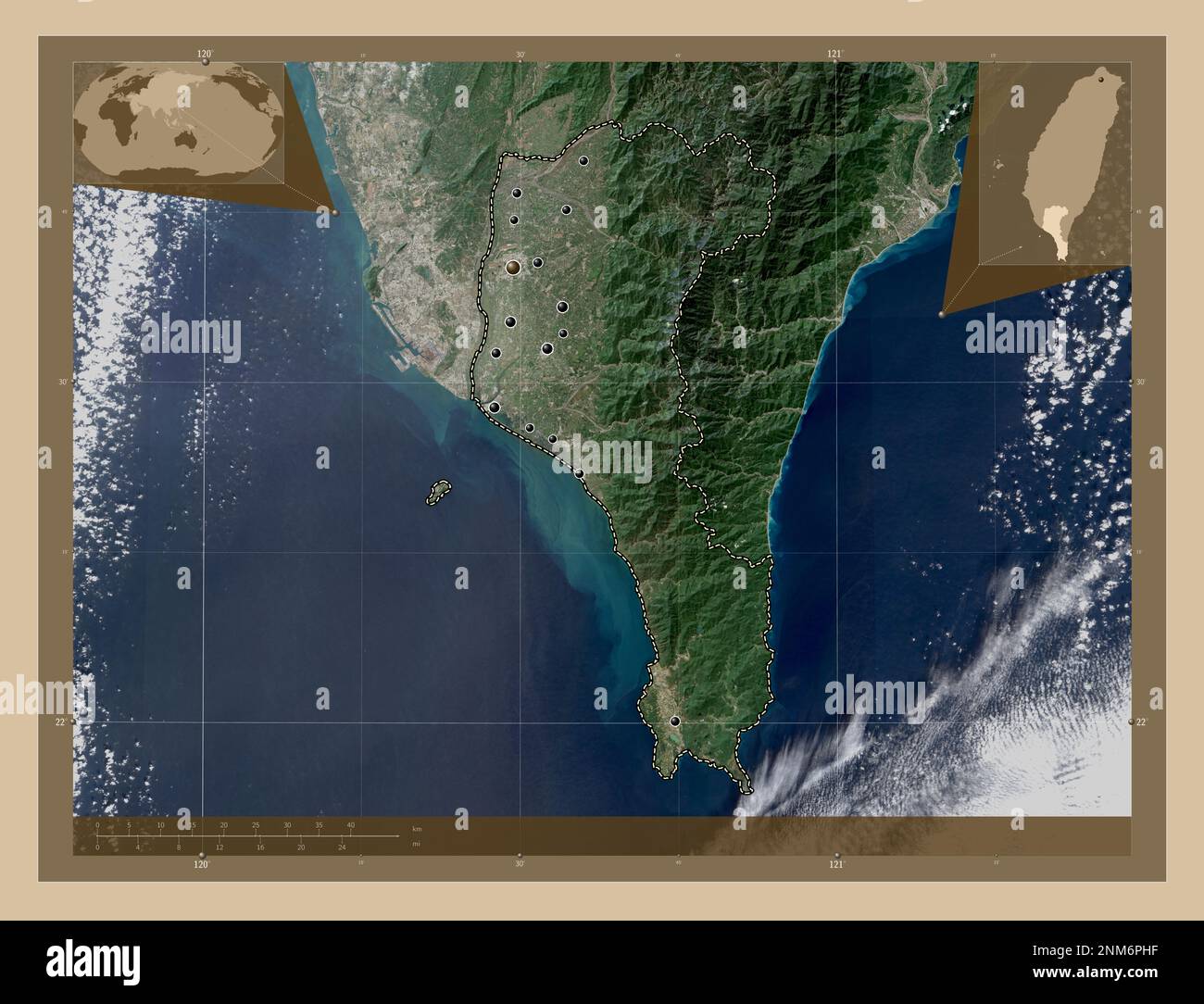 Pingtung, county of Taiwan. Low resolution satellite map. Locations of ...