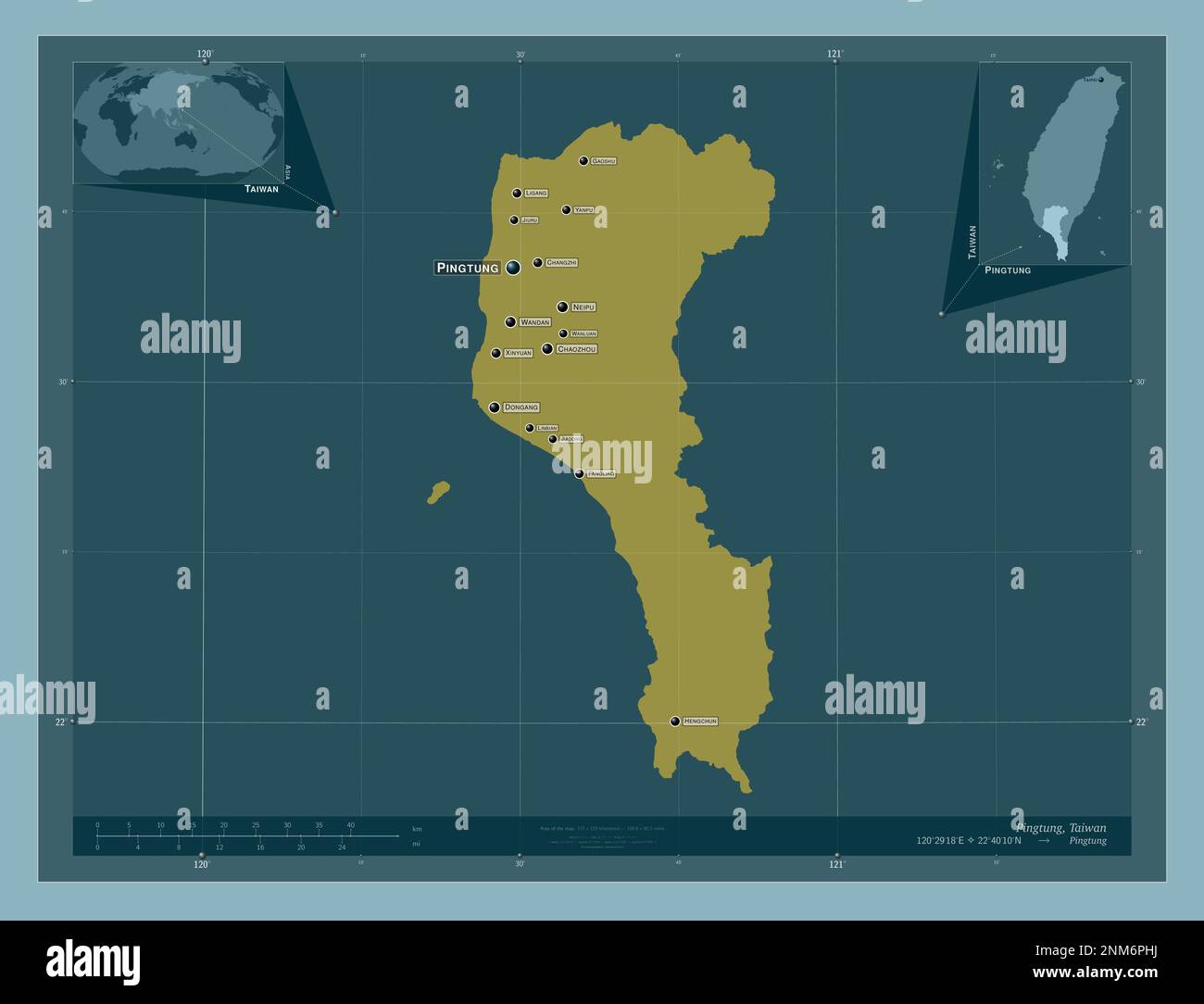 Pingtung, county of Taiwan. Solid color shape. Locations and names of ...