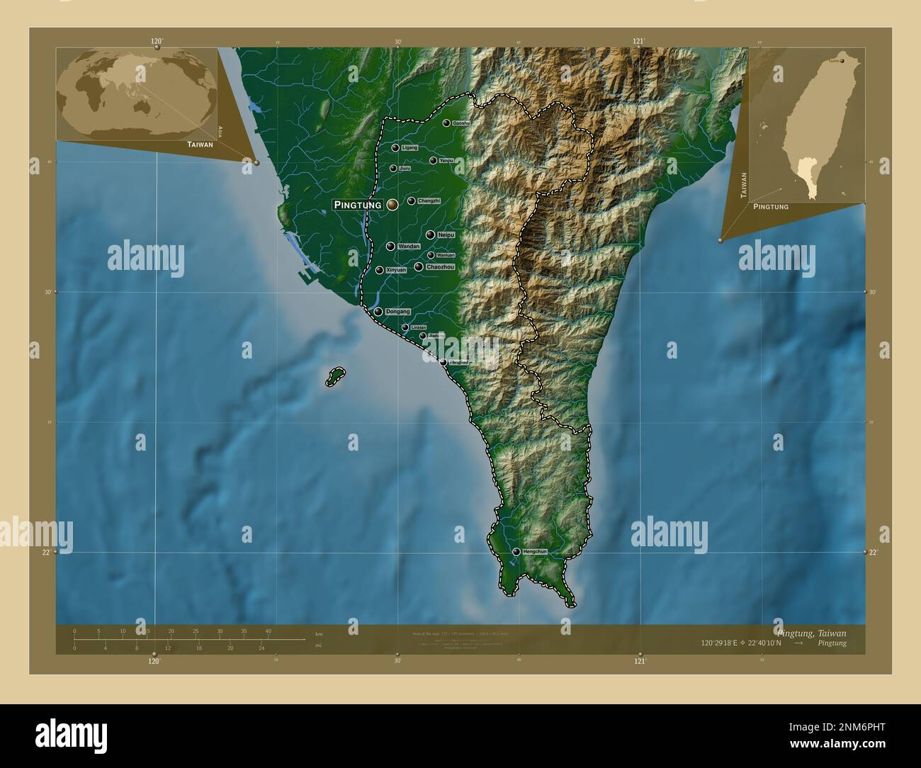 Pingtung, county of Taiwan. Colored elevation map with lakes and rivers ...