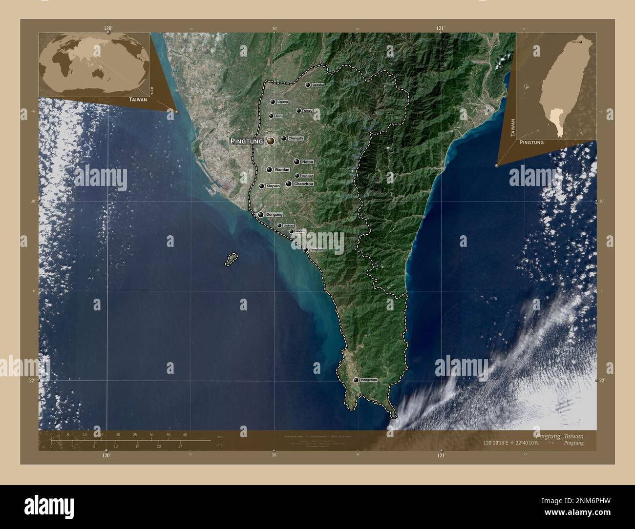 Pingtung, county of Taiwan. Low resolution satellite map. Locations and ...