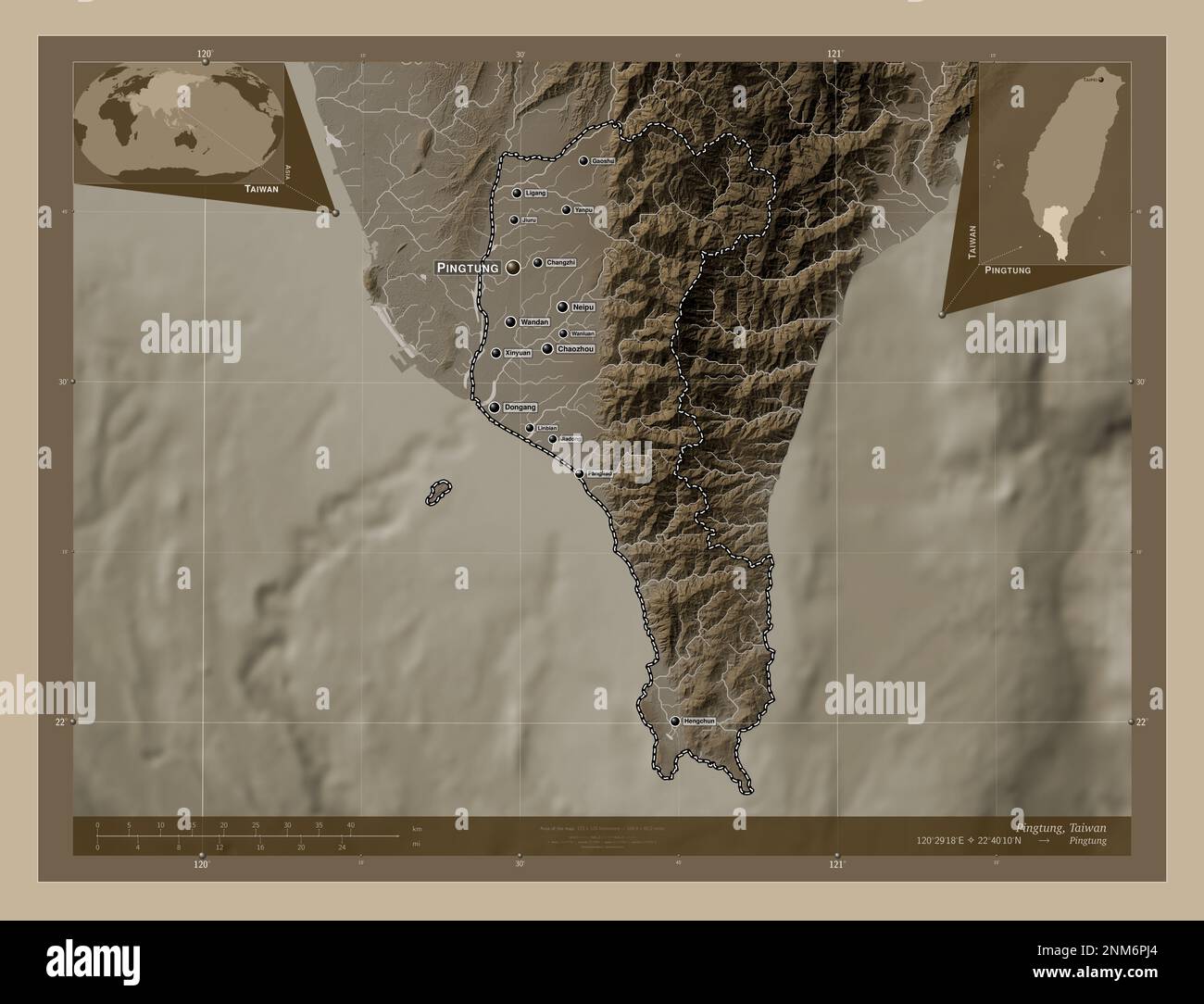 Pingtung, county of Taiwan. Elevation map colored in sepia tones with ...