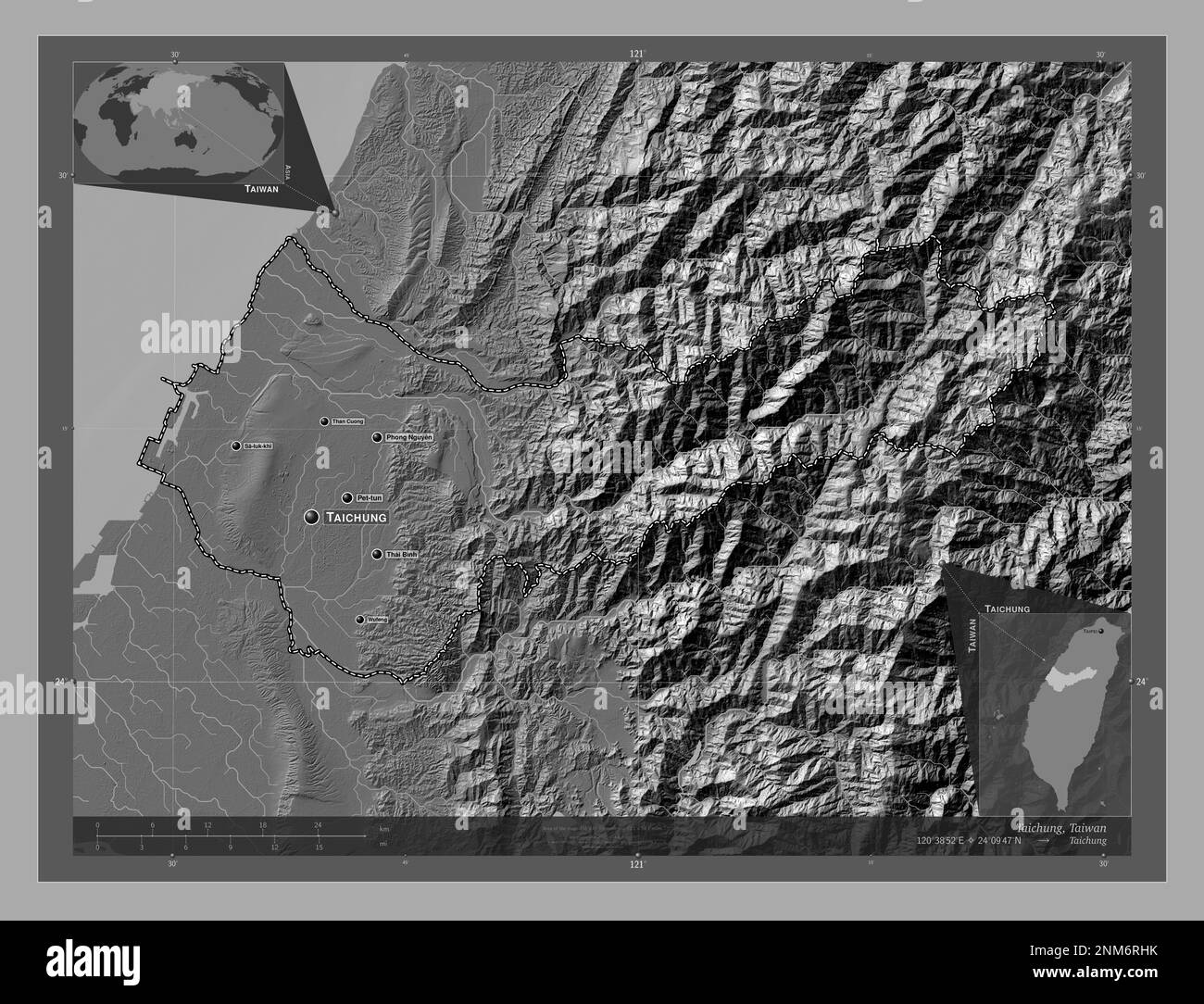 Taichung, special municipality of Taiwan. Bilevel elevation map with ...