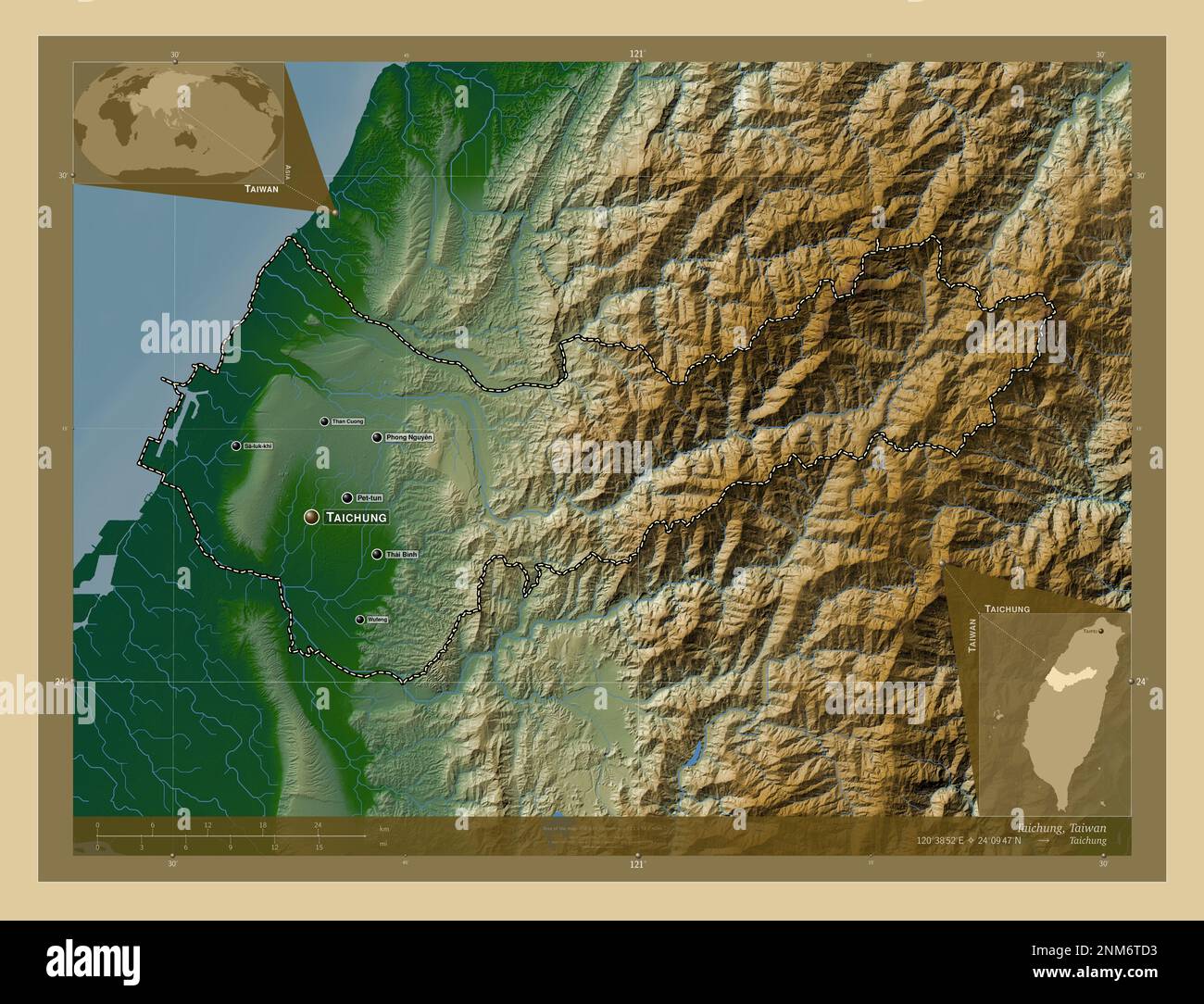 Taichung, special municipality of Taiwan. Colored elevation map with ...