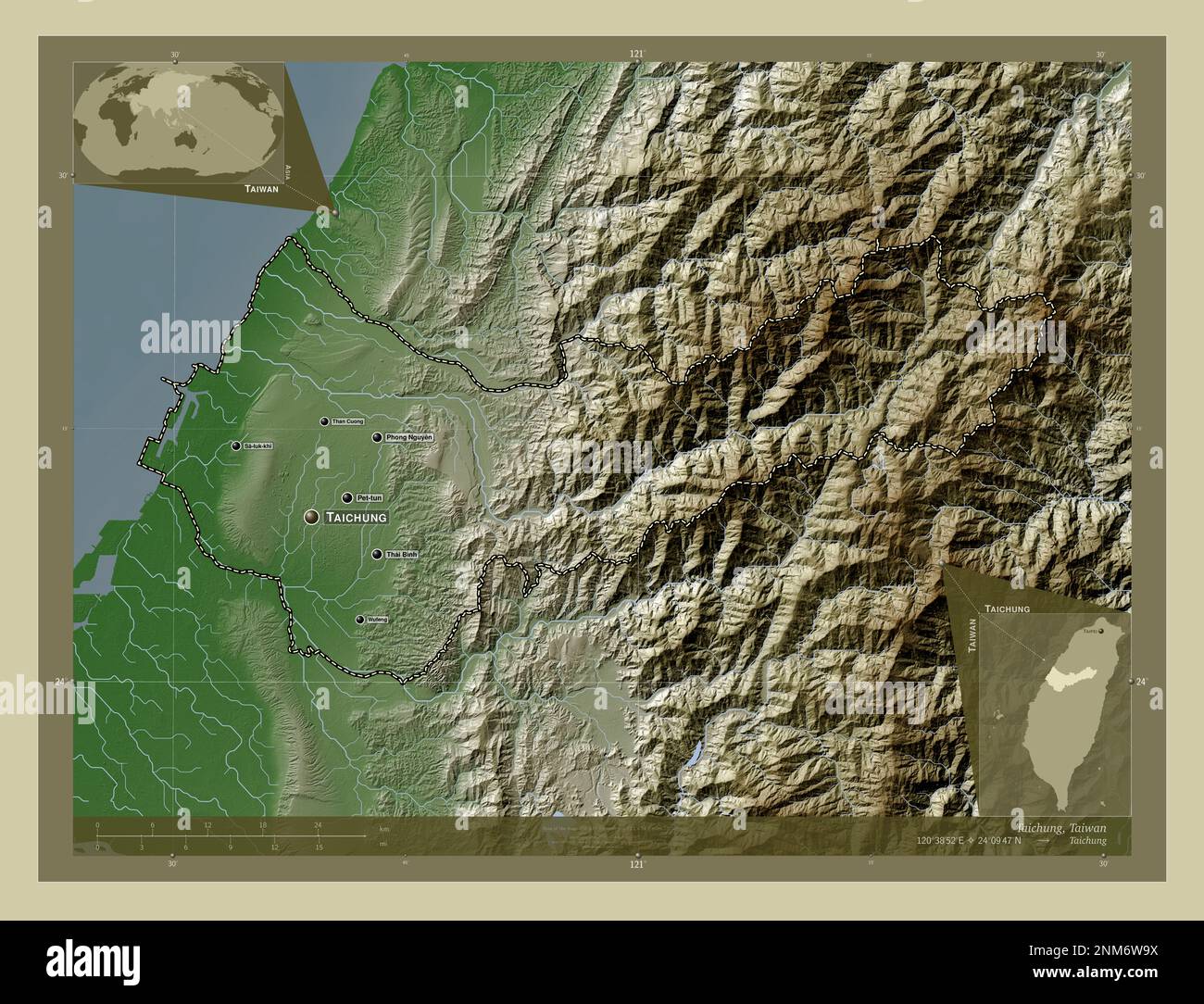 Taichung, special municipality of Taiwan. Elevation map colored in wiki style with lakes and ...