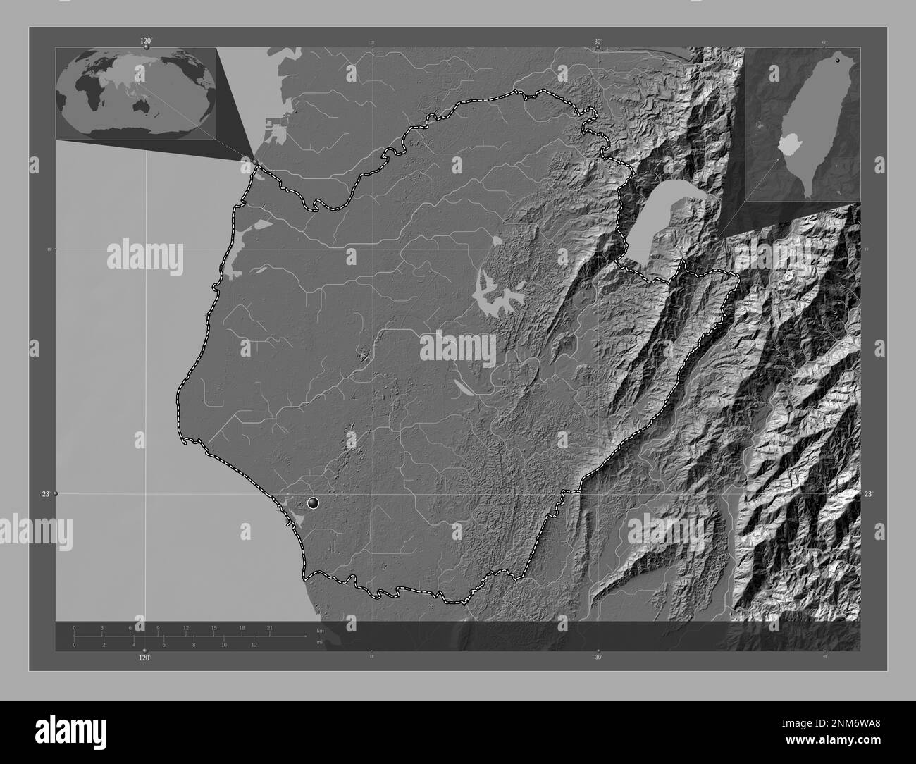 Tainan, special municipality of Taiwan. Bilevel elevation map with ...