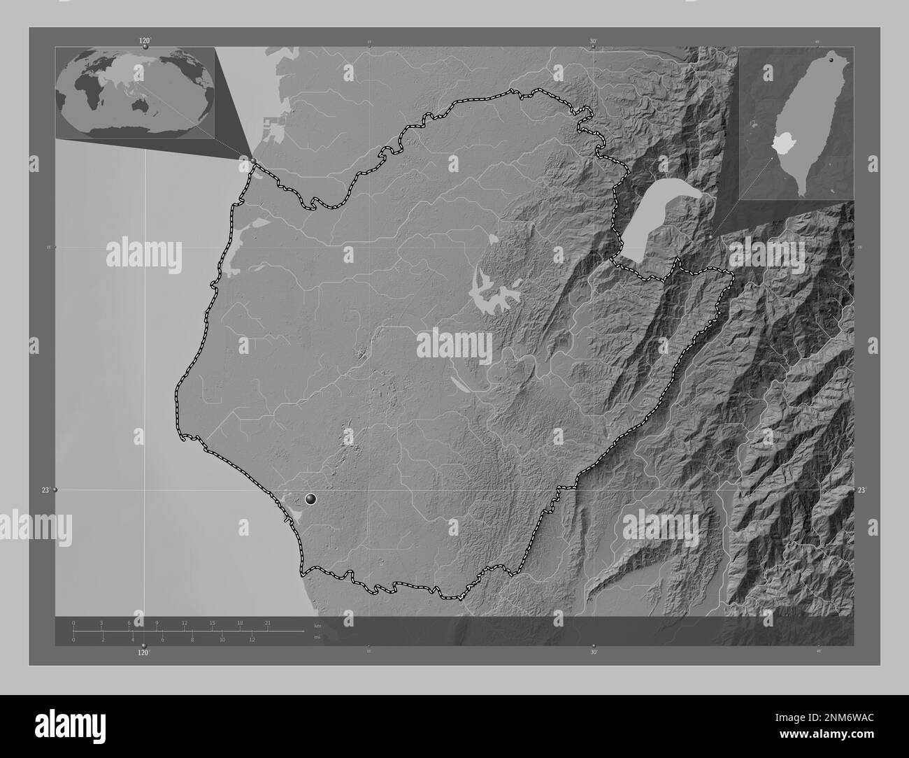 Tainan, special municipality of Taiwan. Grayscale elevation map with ...