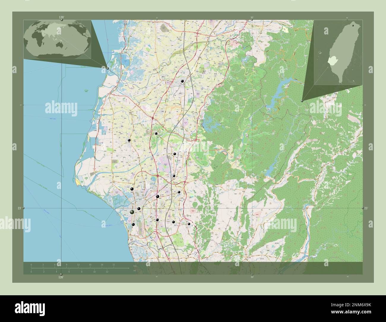 Tainan, special municipality of Taiwan. Open Street Map. Locations of ...