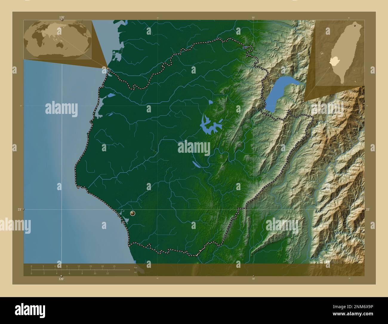 Tainan, special municipality of Taiwan. Colored elevation map with ...