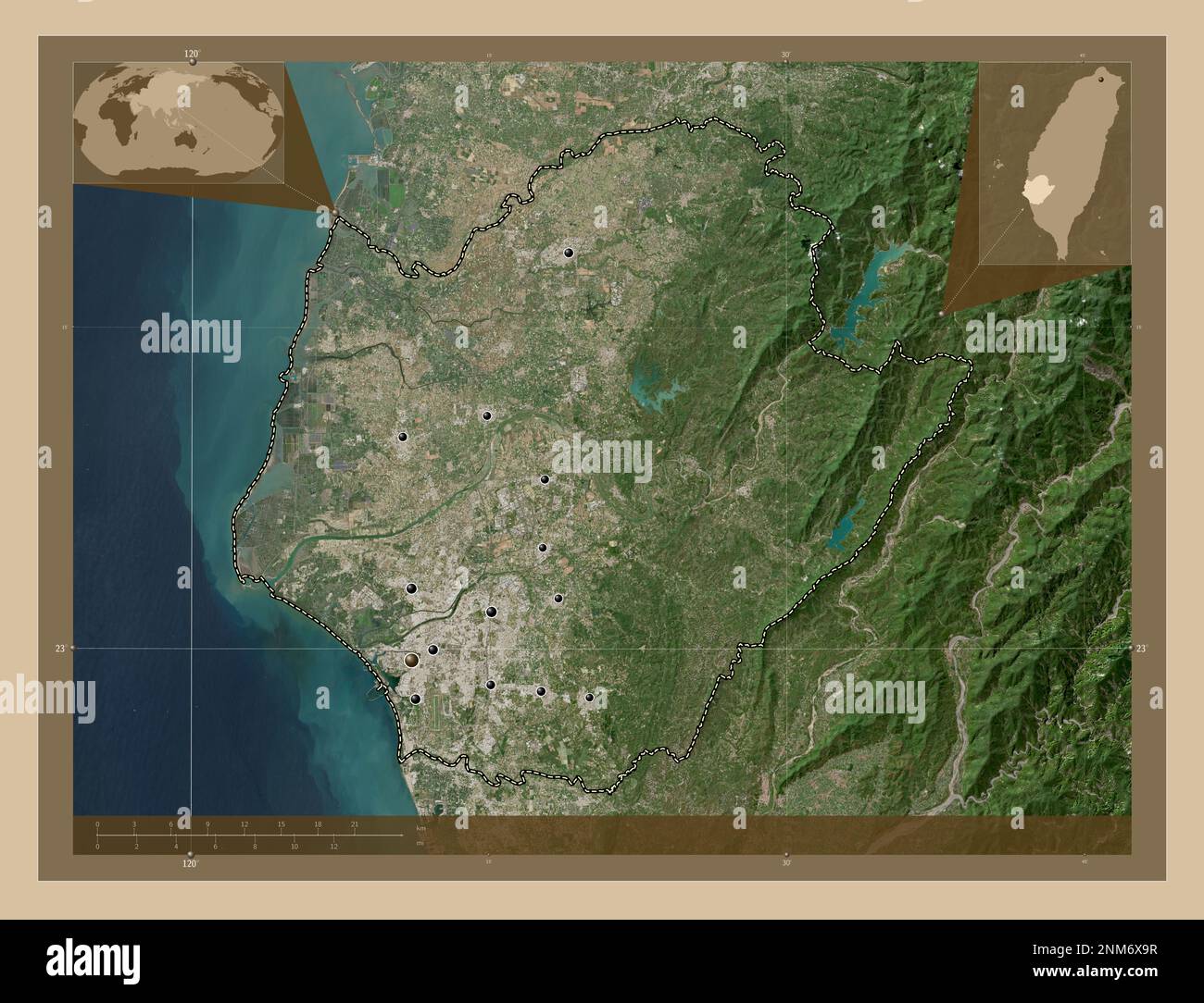 Tainan, special municipality of Taiwan. Low resolution satellite map ...
