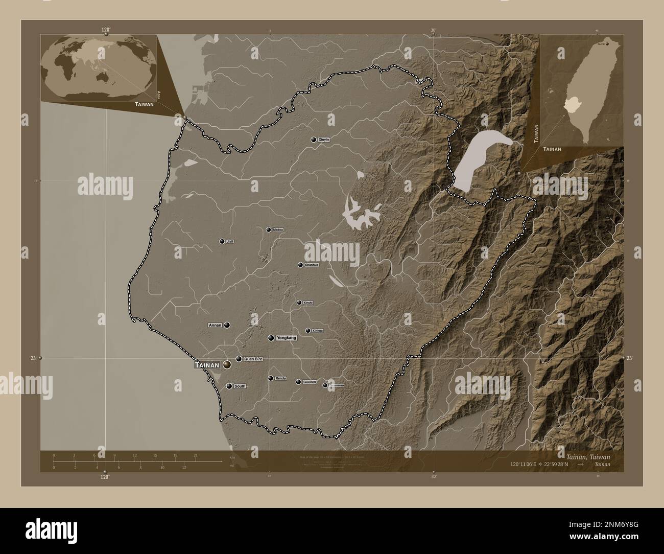 Tainan, special municipality of Taiwan. Elevation map colored in sepia ...