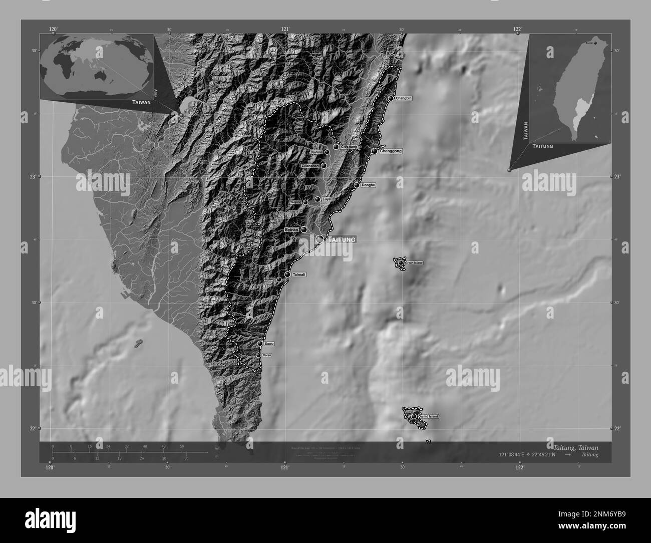 Taitung, county of Taiwan. Bilevel elevation map with lakes and rivers ...